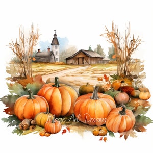 Field With Pumpkins Clipart, 9 JPG, Watercolour Fall Pumpkins ...