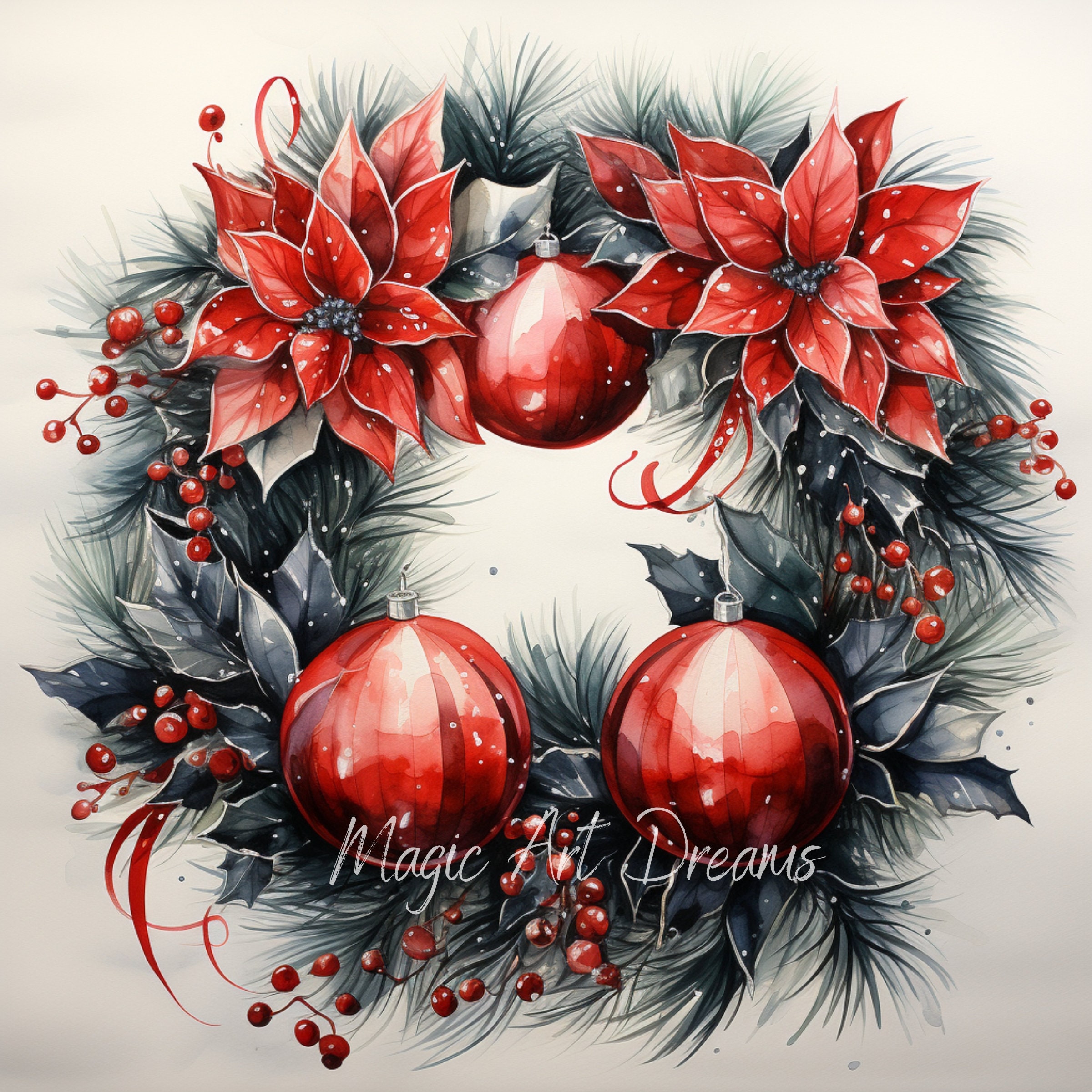 Watercolor Christmas Winter Wreath of Poinsettia Christmas Tree Toys ...