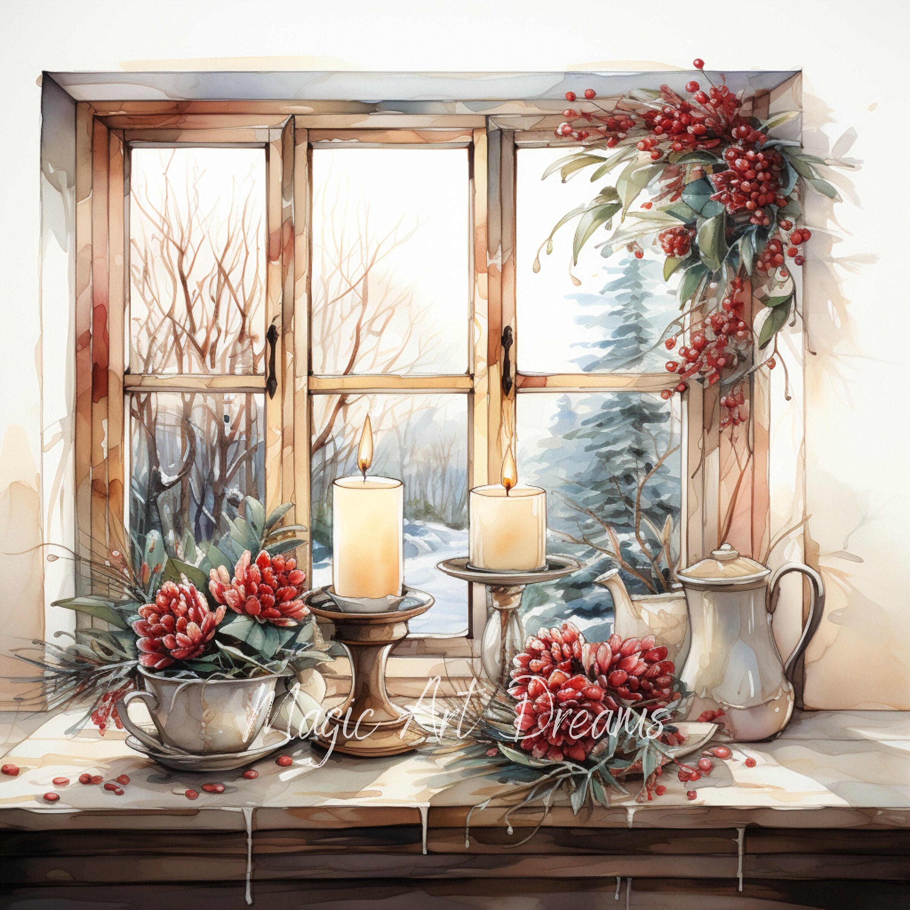 Watercolor Illustration of Christmas Window With Candles and Bouquets ...
