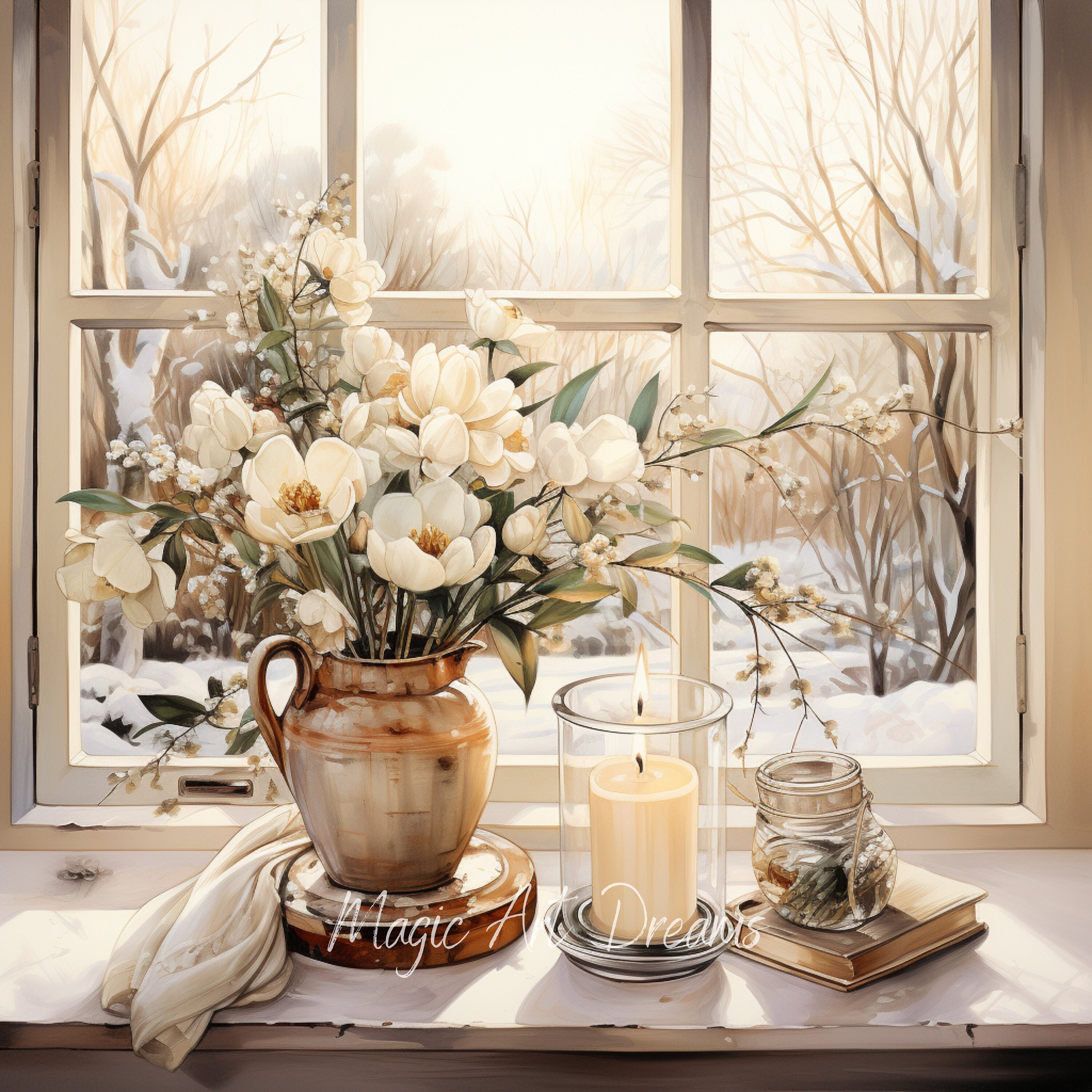 Watercolor Illustration of Christmas Window With Candles & Bouquets of ...