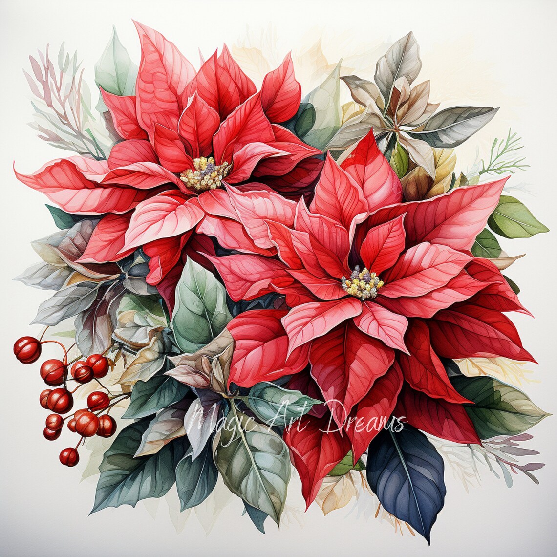 Watercolor Christmas Poinsettia Clipart, 13 Jpgs Download, Winter Red ...