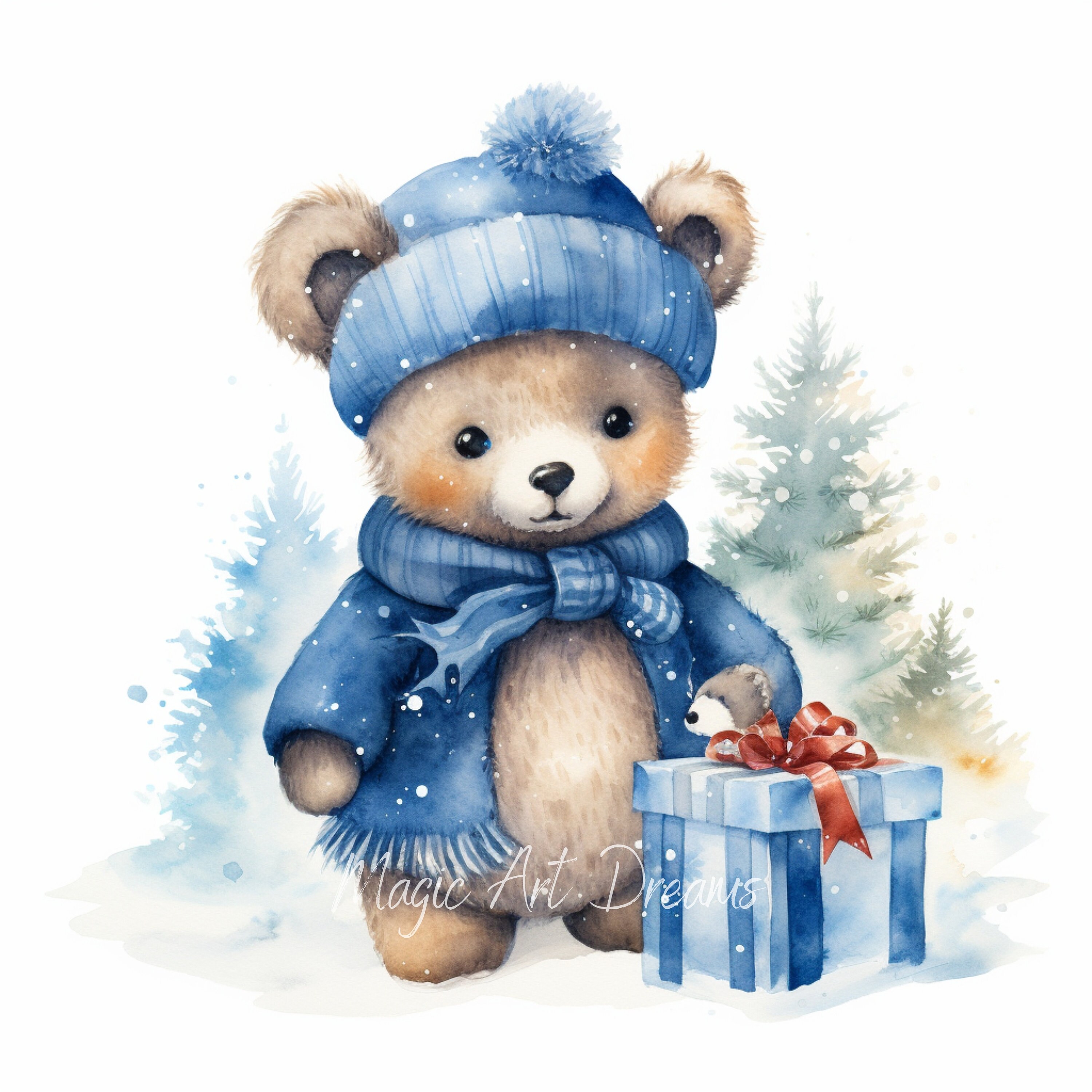 Christmas Bear Cub in Blue Clothes With a Gift in the Forest ...