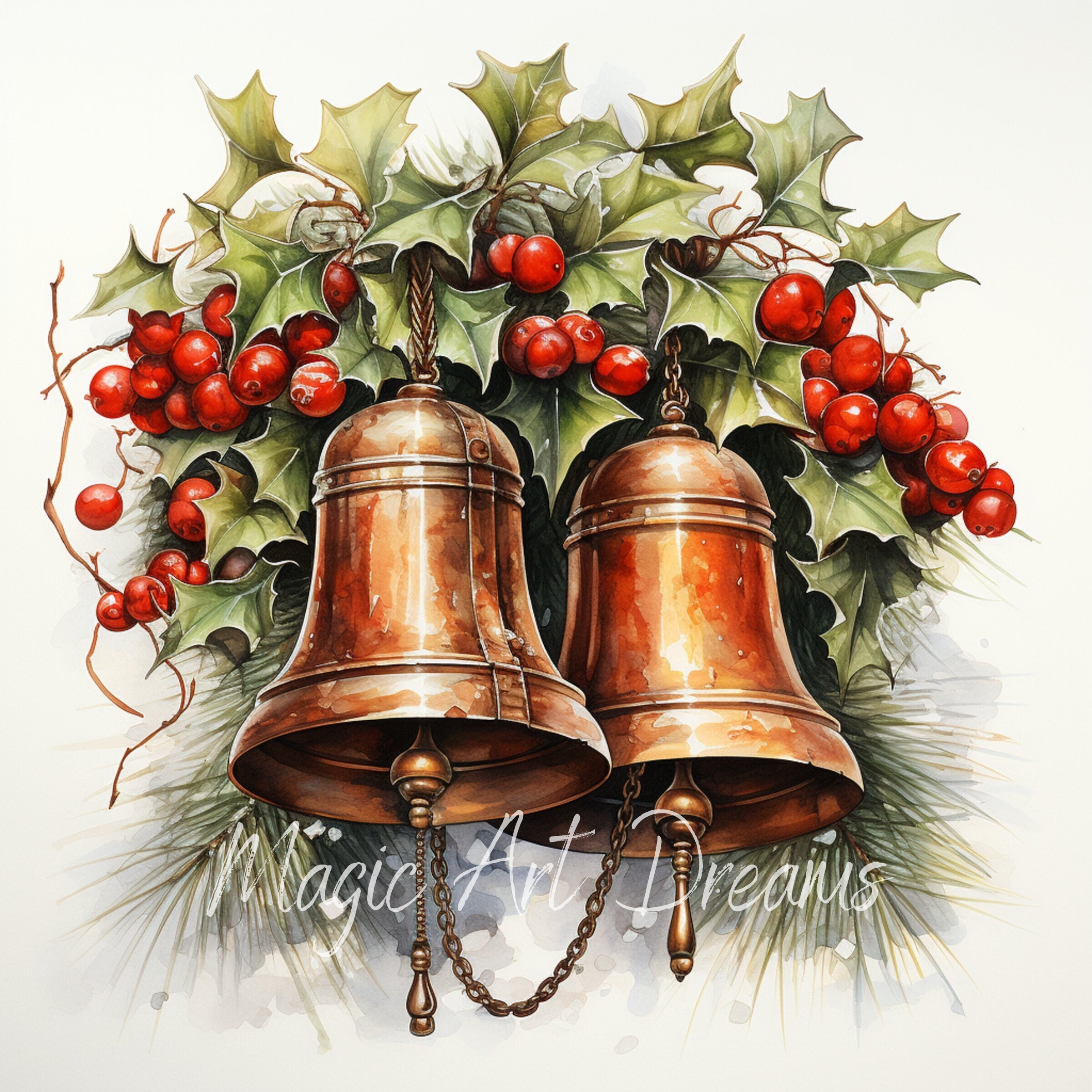 Watercolor Christmas Golden Bell With Red Ribbon Clipart, 16 Jpgs ...
