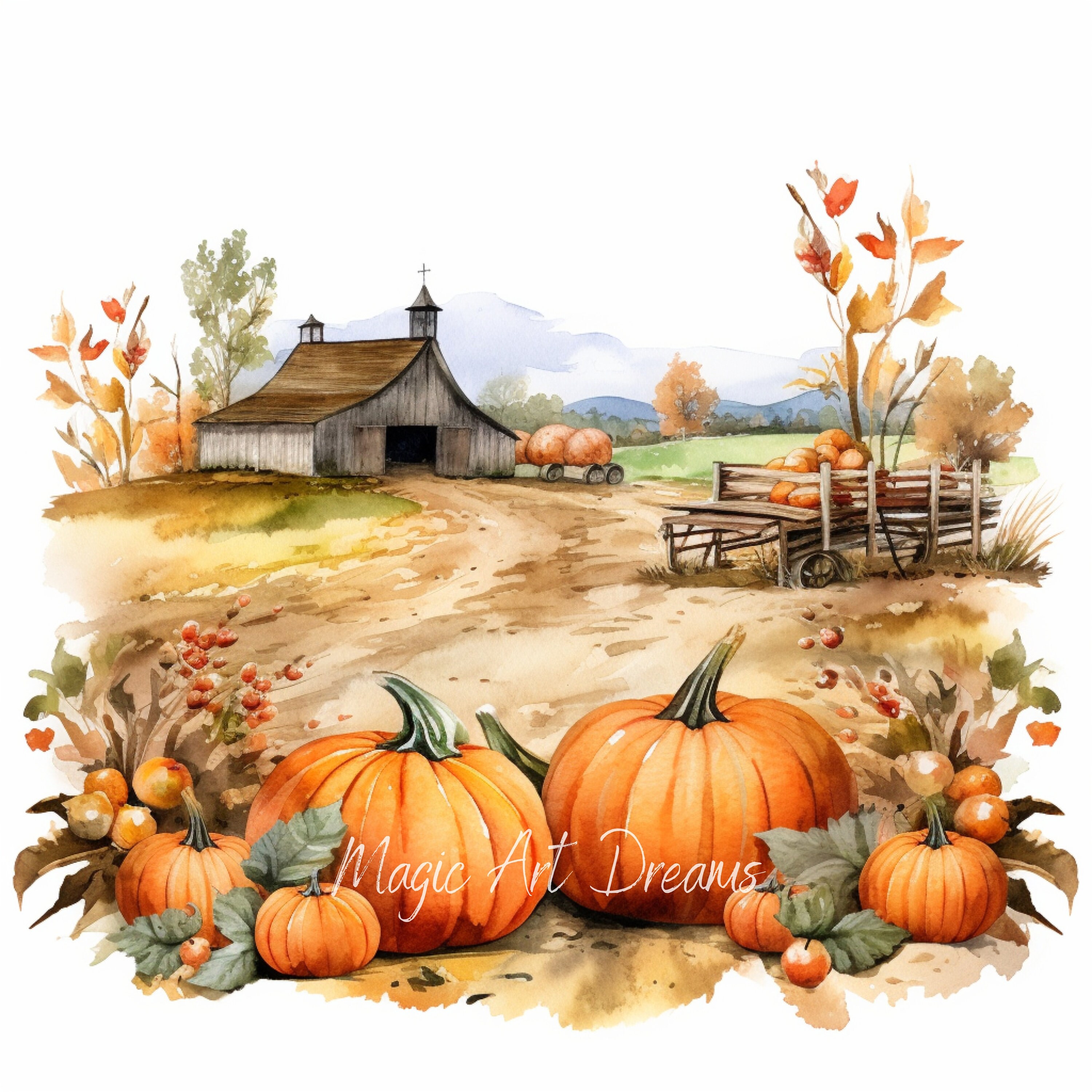Field With Pumpkins Clipart, 9 JPG, Watercolour Fall Pumpkins ...
