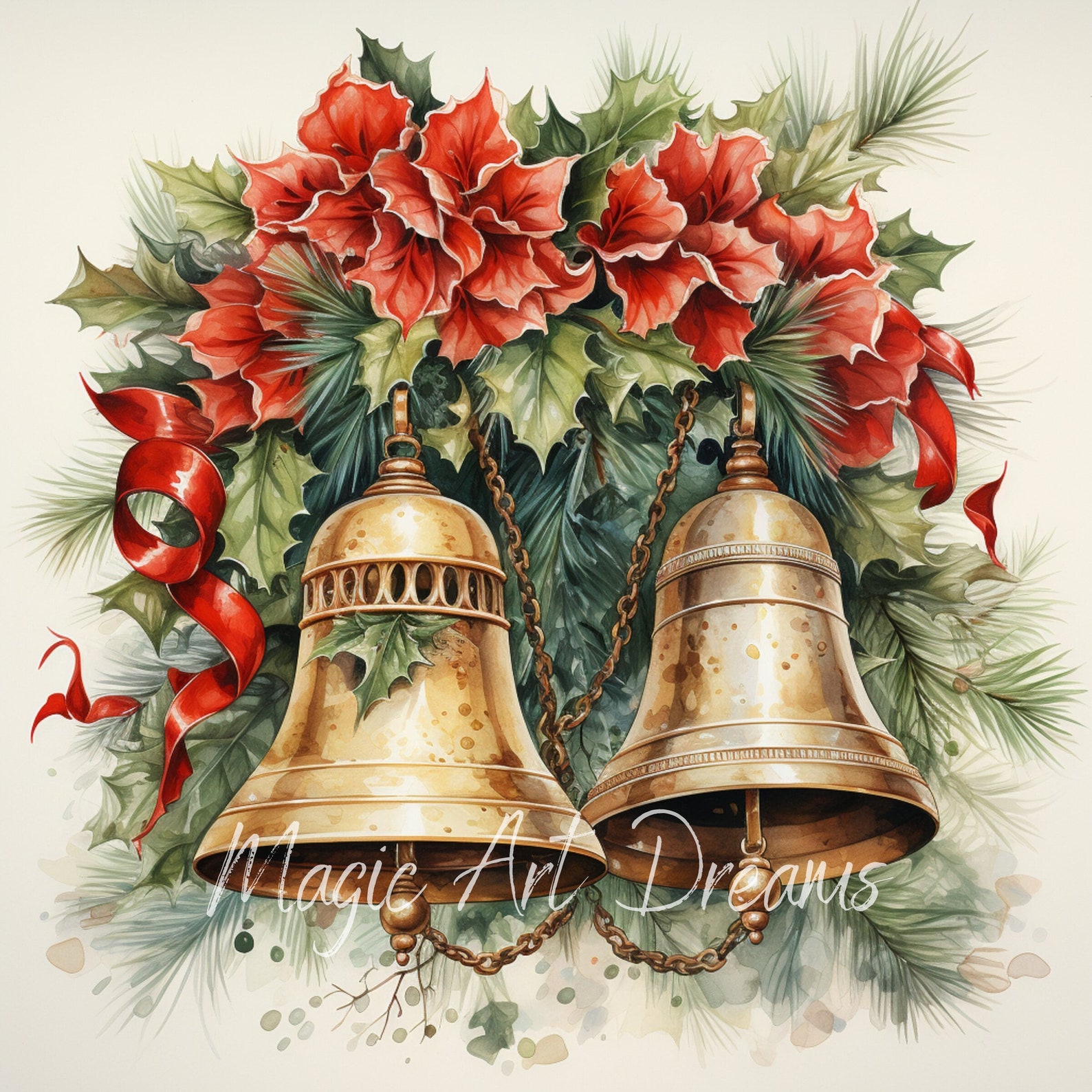 Watercolor Christmas Golden Bell With Red Ribbon Clipart, 16 Jpgs ...