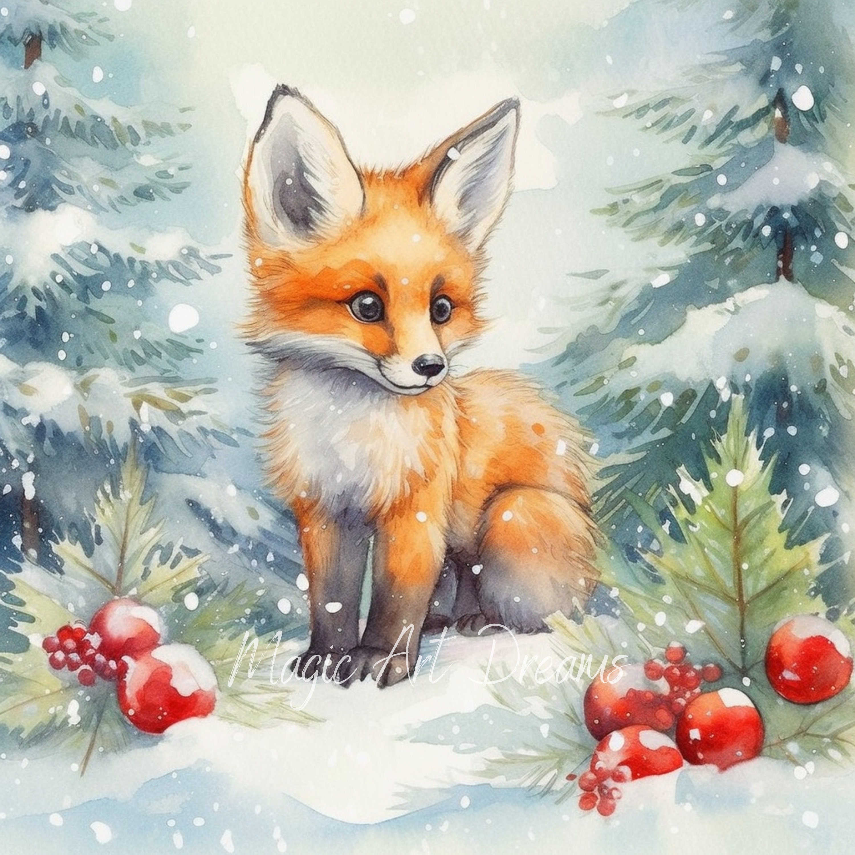 Watercolor Red Fox in the Winter Forest,14 Jpgs Watercolor Clipart ...