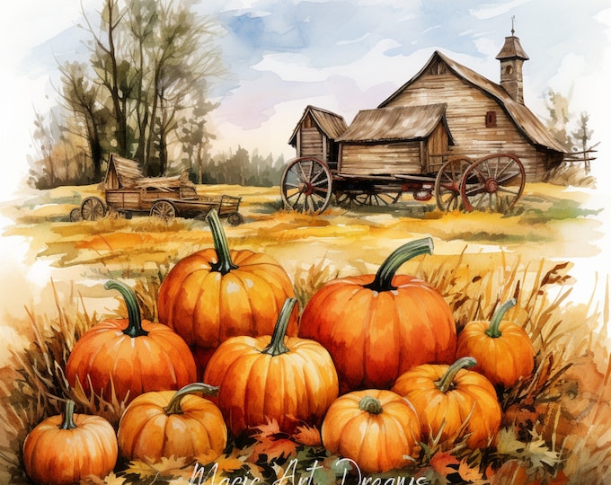 Watercolor Field With Pumpkins Clipart, 11 JPG, Fall Illustration ...