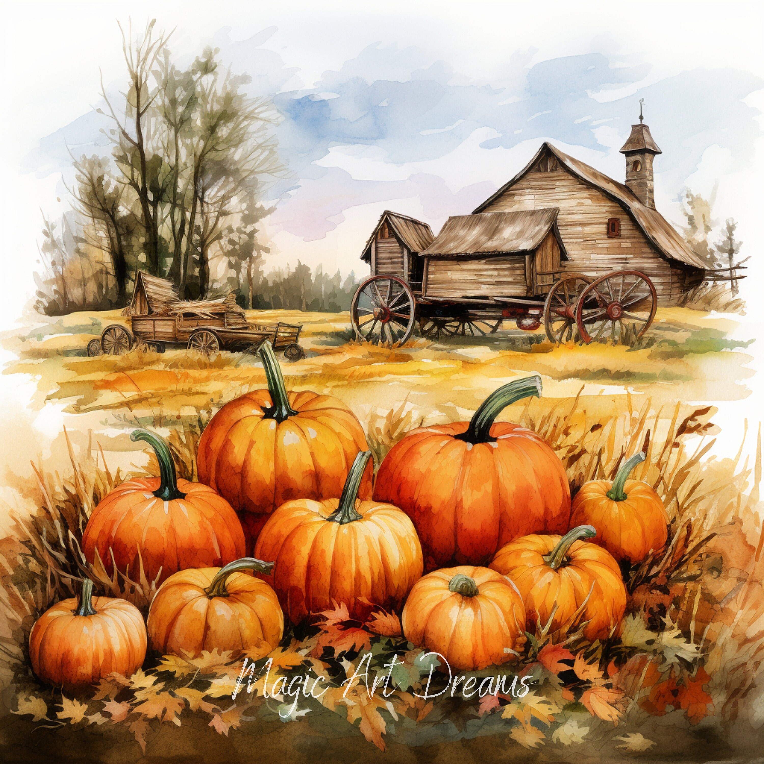 Watercolor Field With Pumpkins Clipart, 11 JPG, Fall Illustration ...