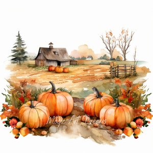 Field With Pumpkins Clipart, 9 JPG, Watercolour Fall Pumpkins ...