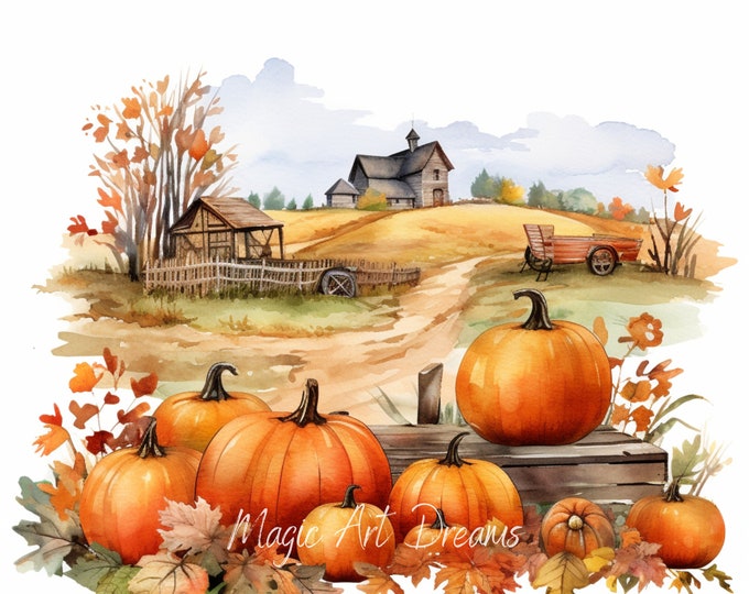 Field With Pumpkins Clipart, 9 JPG, Watercolour Fall Pumpkins ...