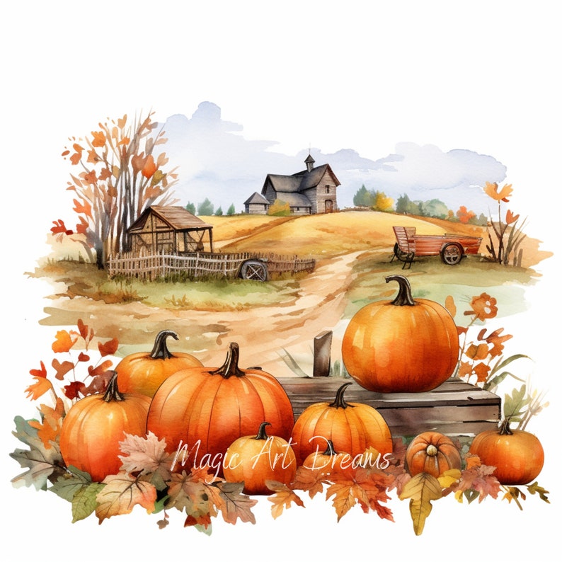 Field With Pumpkins Clipart, 9 JPG, Watercolour Fall Pumpkins ...