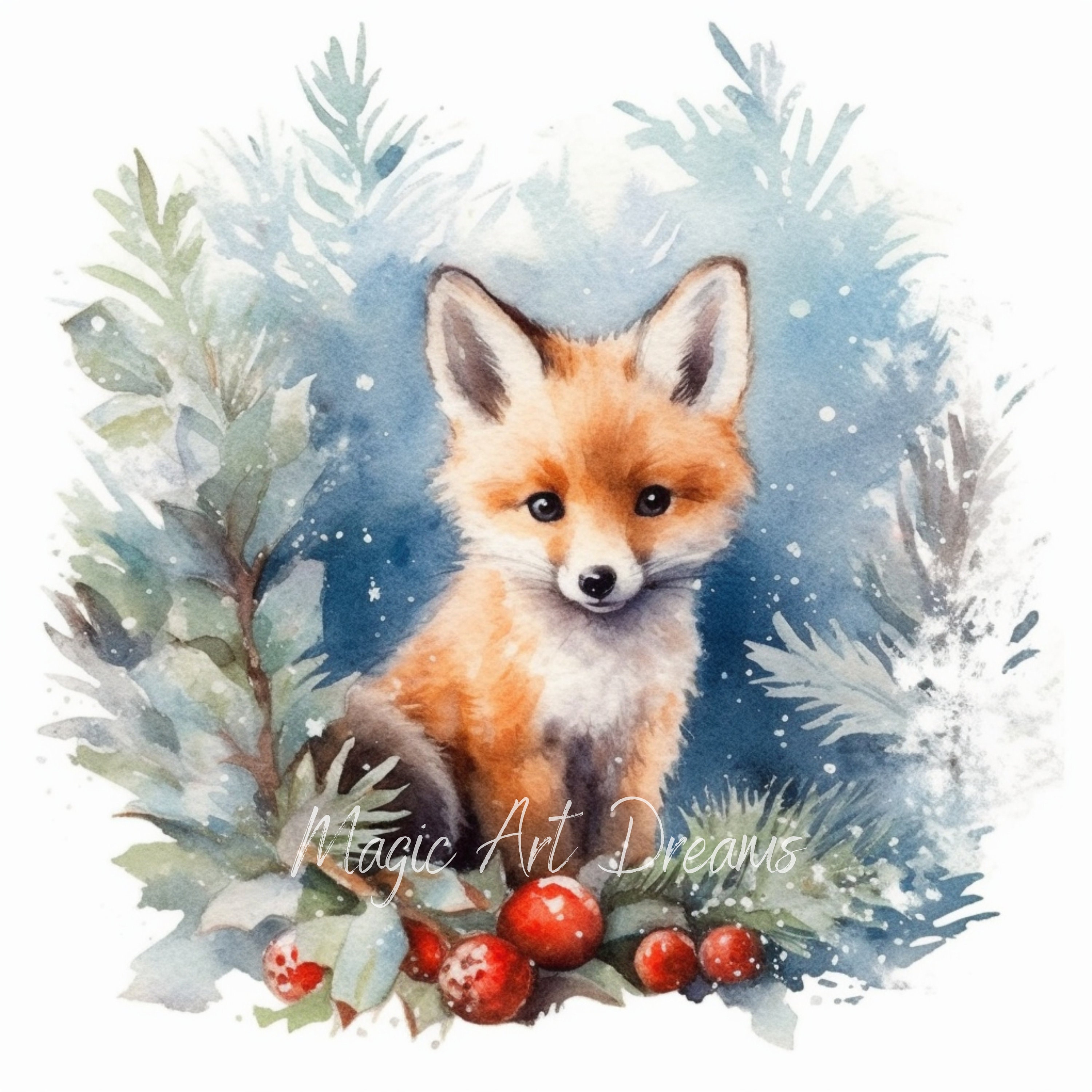 Watercolor Red Fox in the Winter Forest,14 Jpgs Watercolor Clipart ...