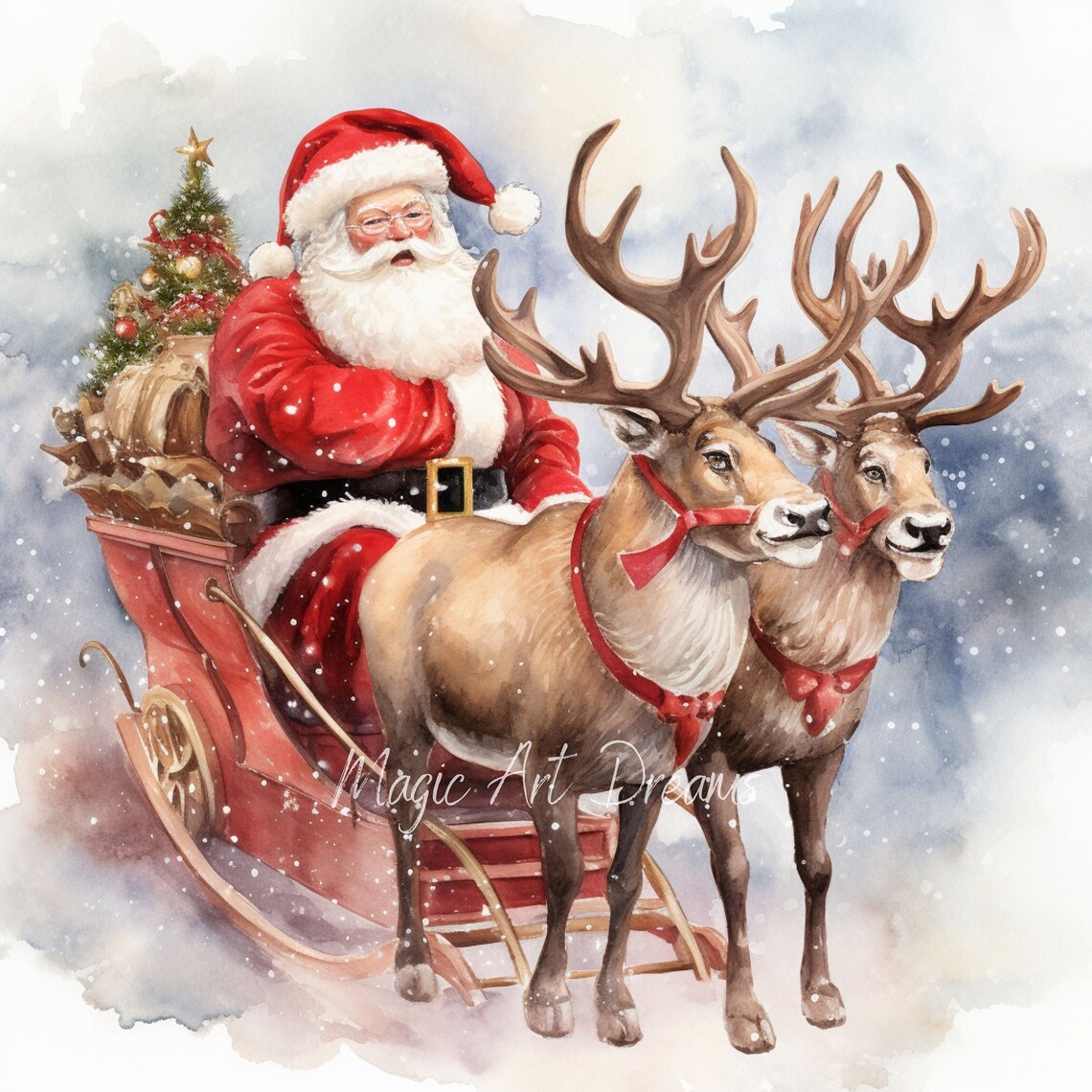 Watercolour Christmas Santa Claus on a Sleigh With Reindeer Clipart 9 ...