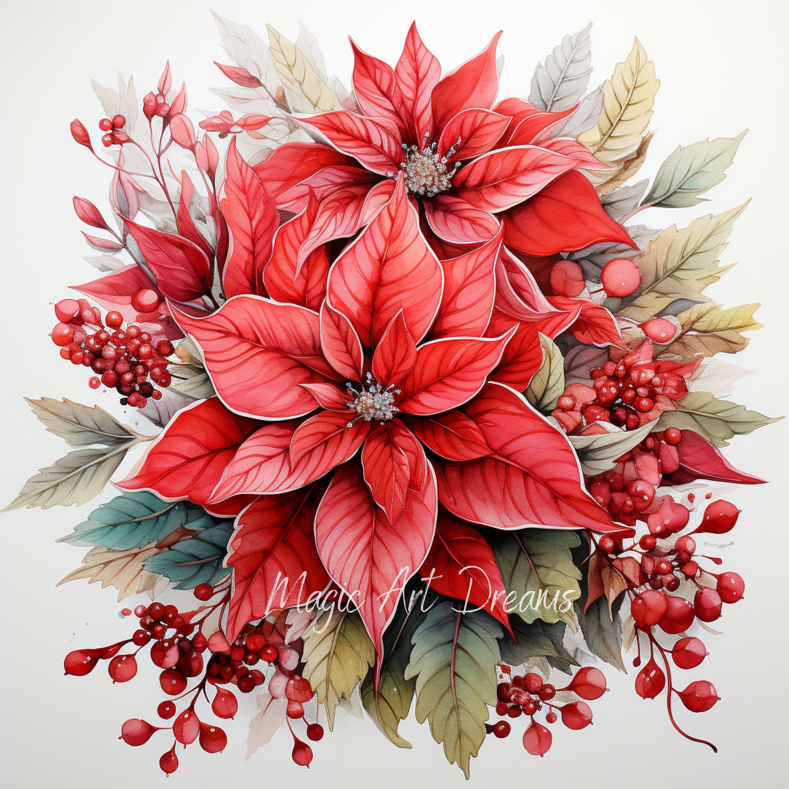 Watercolor Christmas Poinsettia Clipart, 13 Jpgs Download, Winter Red ...