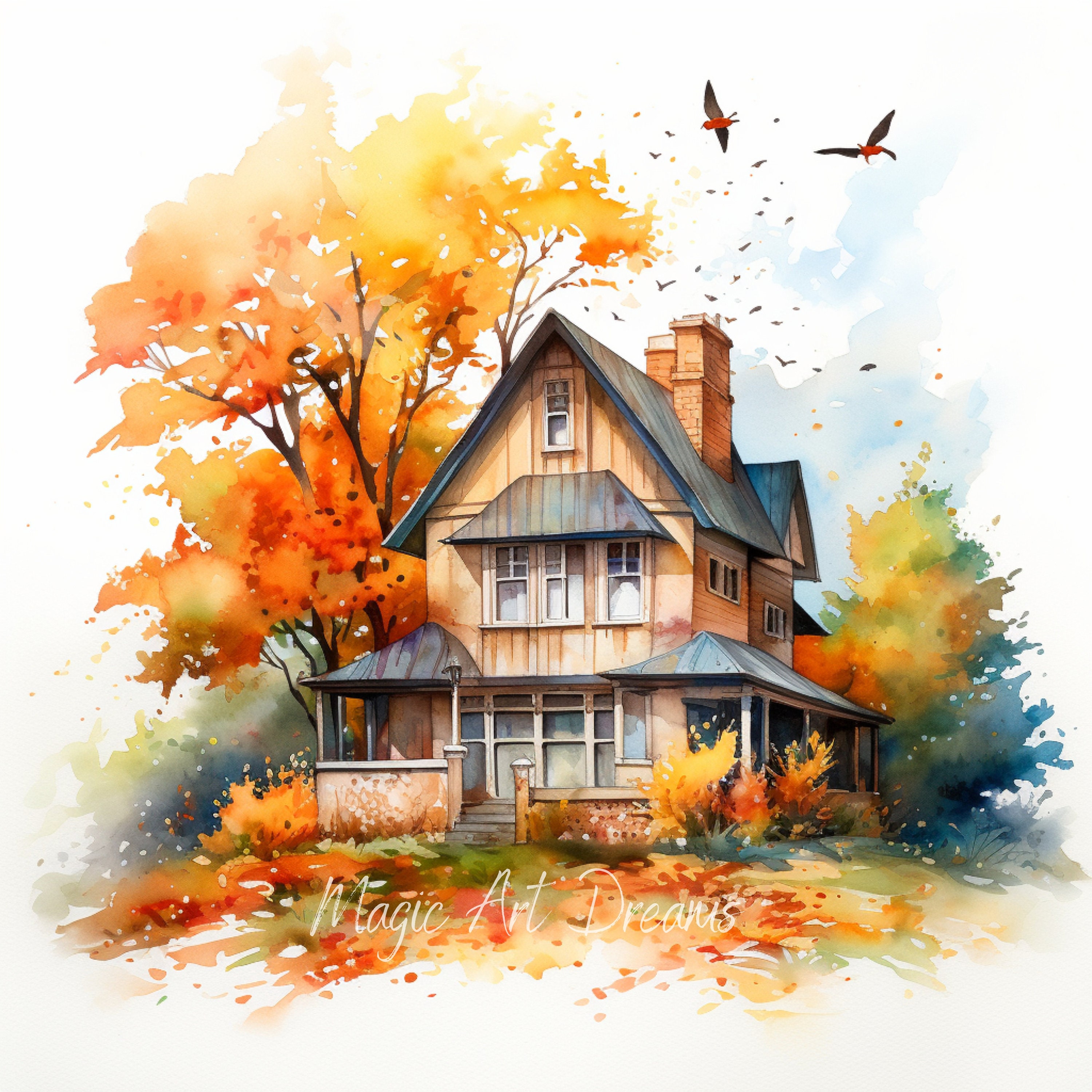 Autumn Watercolor Clipart, 14 JPG, Illustration of an Autumn Landscape ...