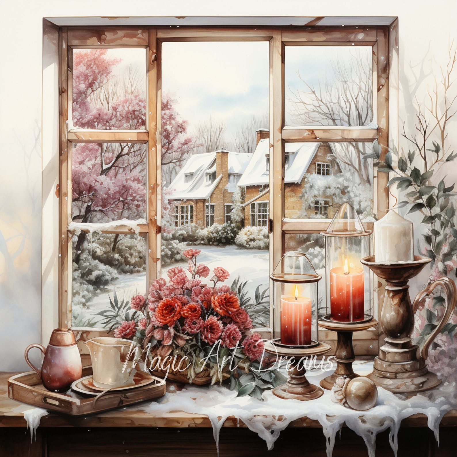 Watercolor Illustration of Christmas Window With Candles and Bouquets ...