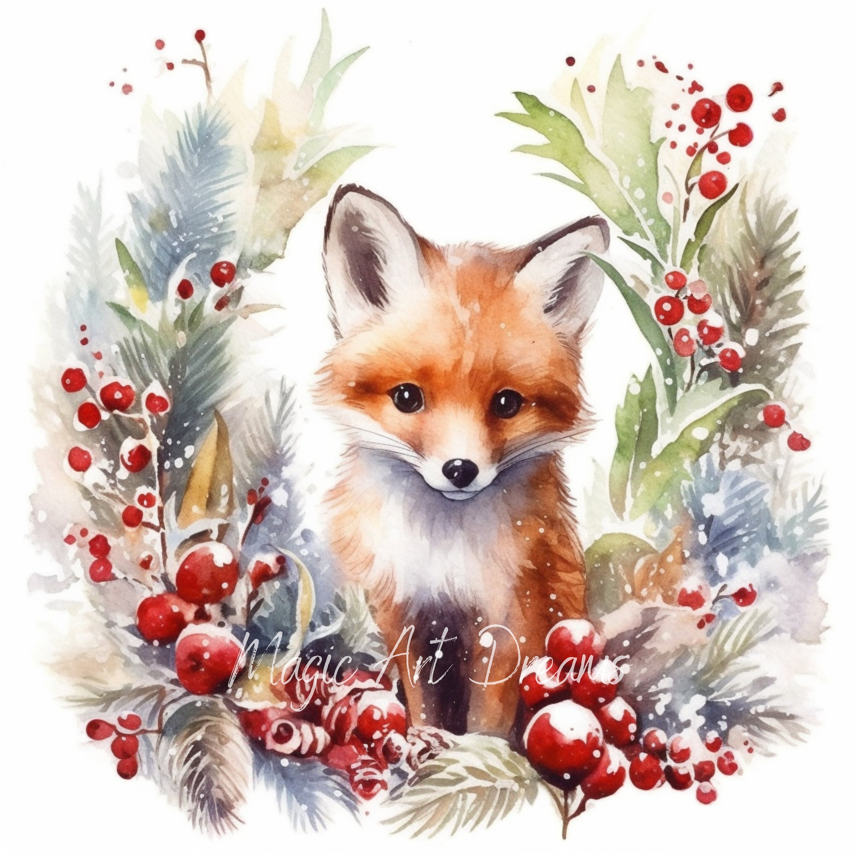 Watercolor Red Fox in the Winter Forest,14 Jpgs Watercolor Clipart ...