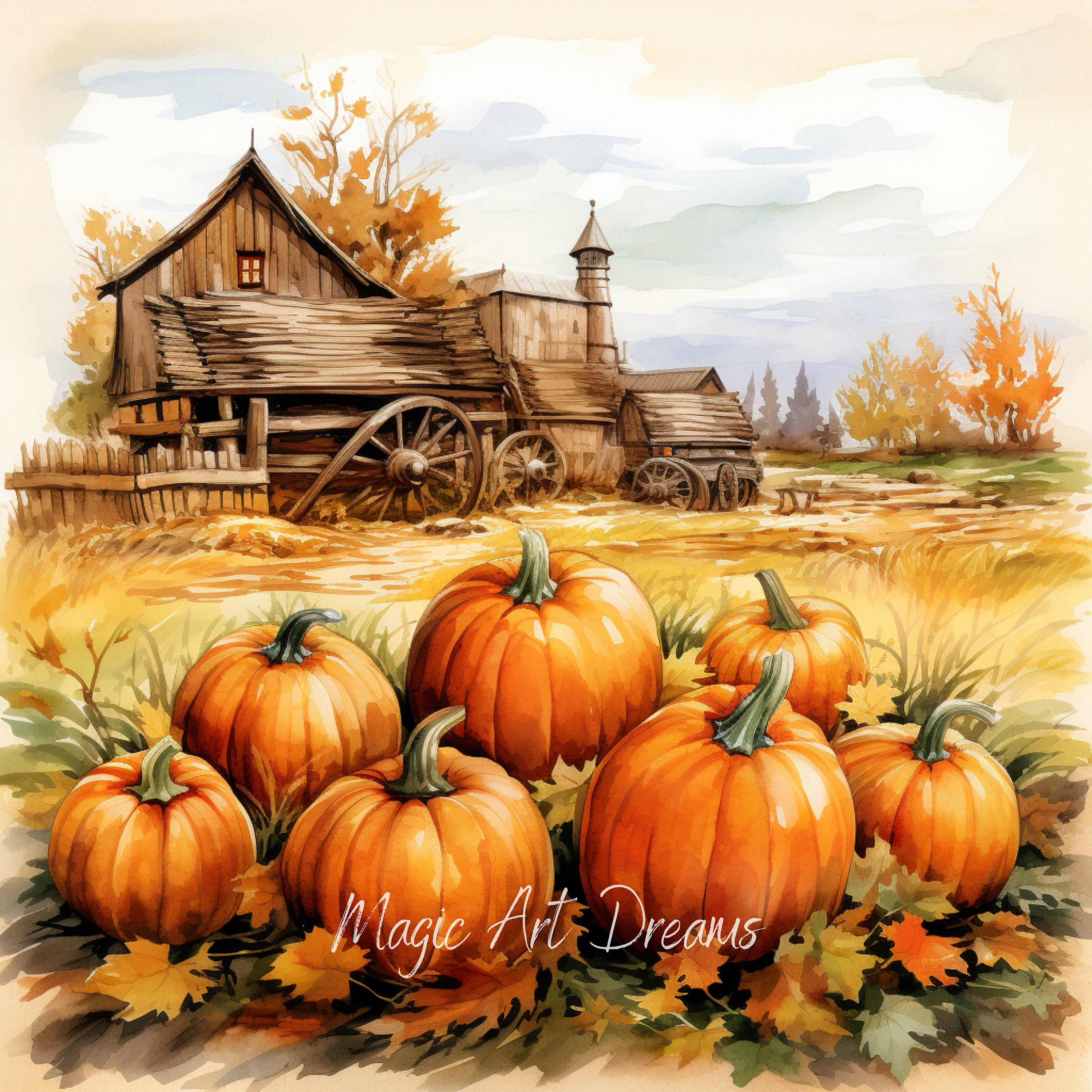 Watercolor Field With Pumpkins Clipart, 11 JPG, Fall Illustration ...
