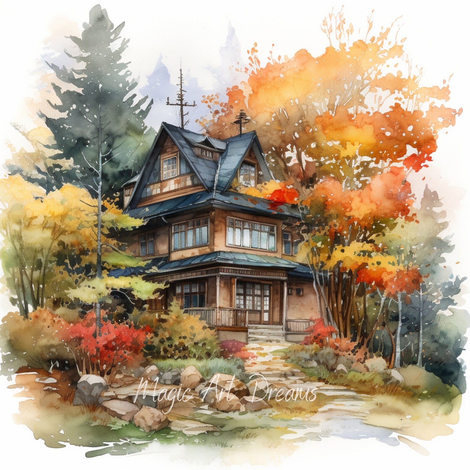 Autumn Watercolor Clipart, 14 JPG, Illustration of an Autumn Landscape ...