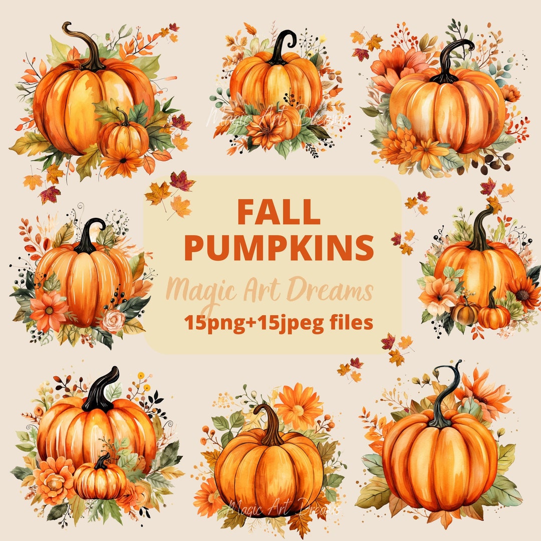 Watercolor Pumpkin Clipart, Autumn Watercolor in PNG JPEG Format ...