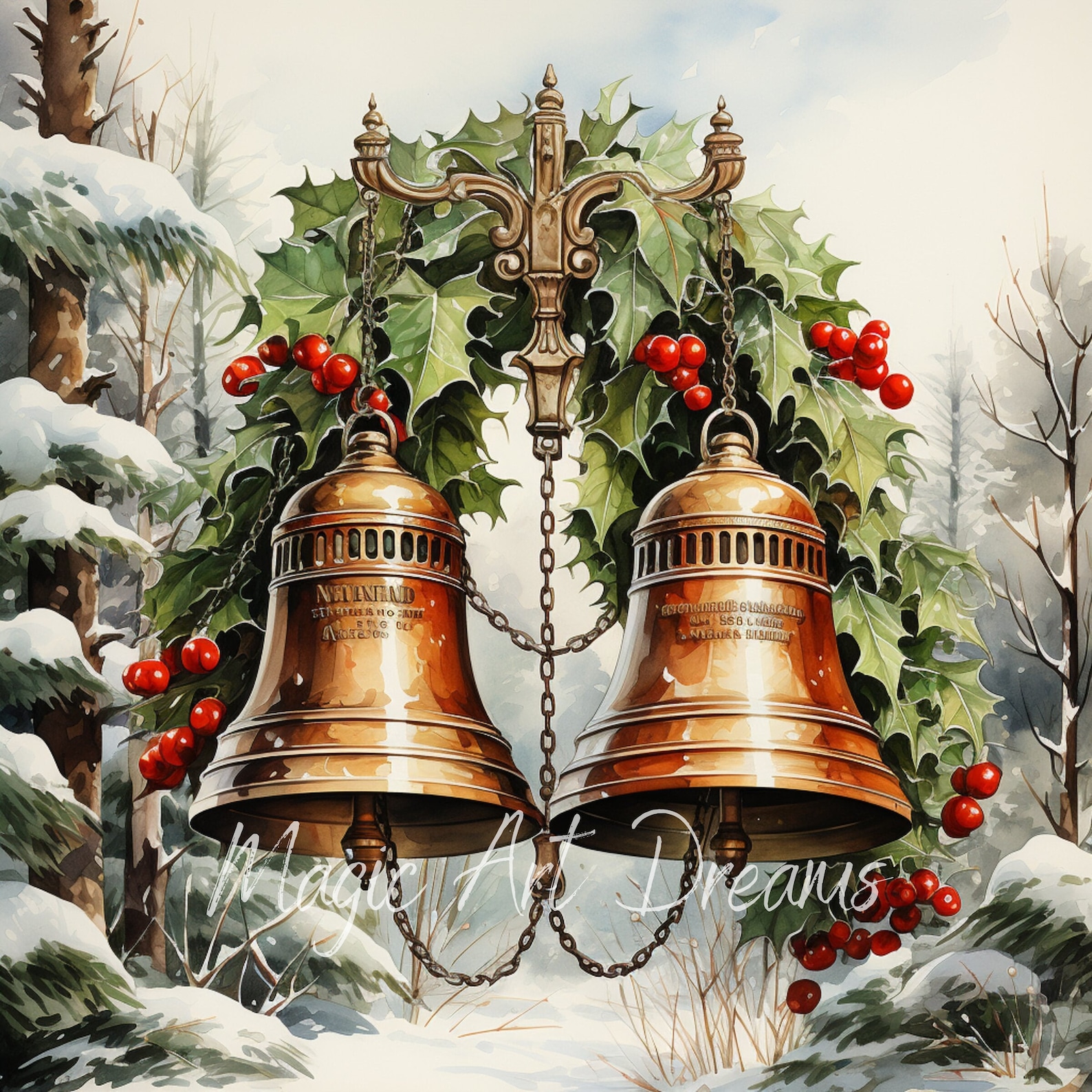 Watercolor Christmas Golden Bell With Red Ribbon Clipart, 16 Jpgs ...