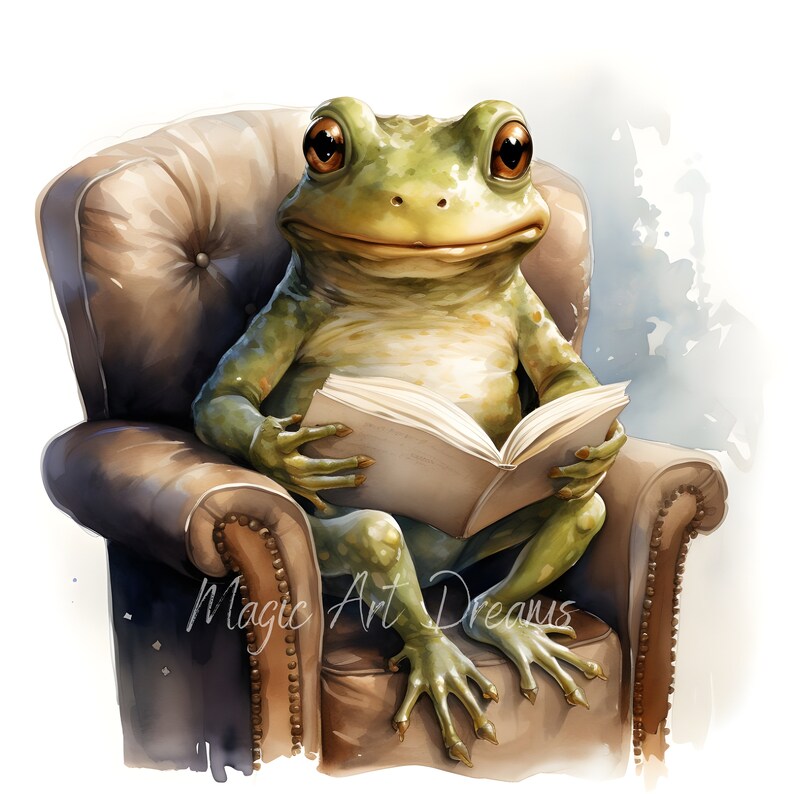 Watercolor Clipart of a Fabulous Toad Reading a Book, 20 Jpgs, Digital ...