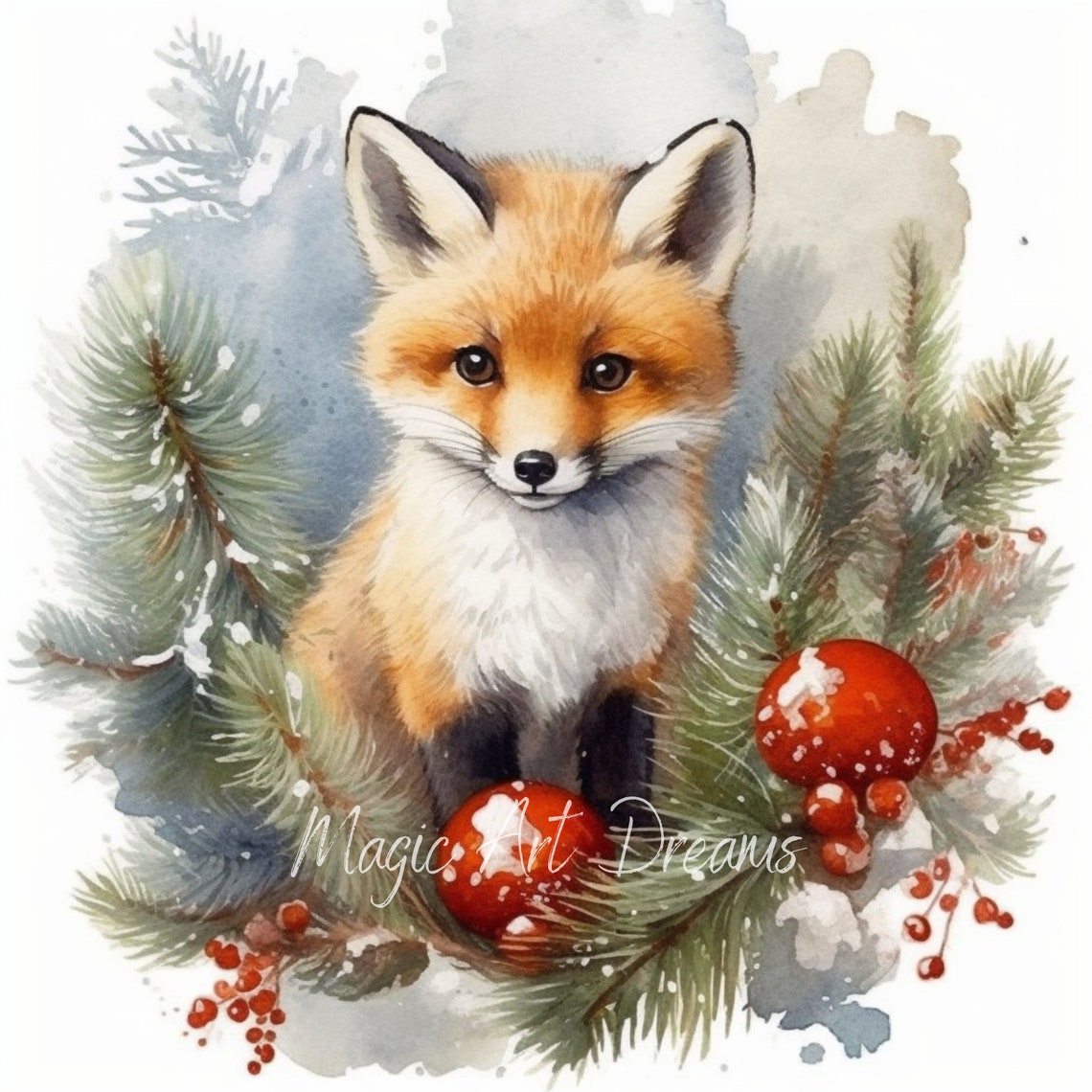 Watercolor Red Fox in the Winter Forest,14 Jpgs Watercolor Clipart ...