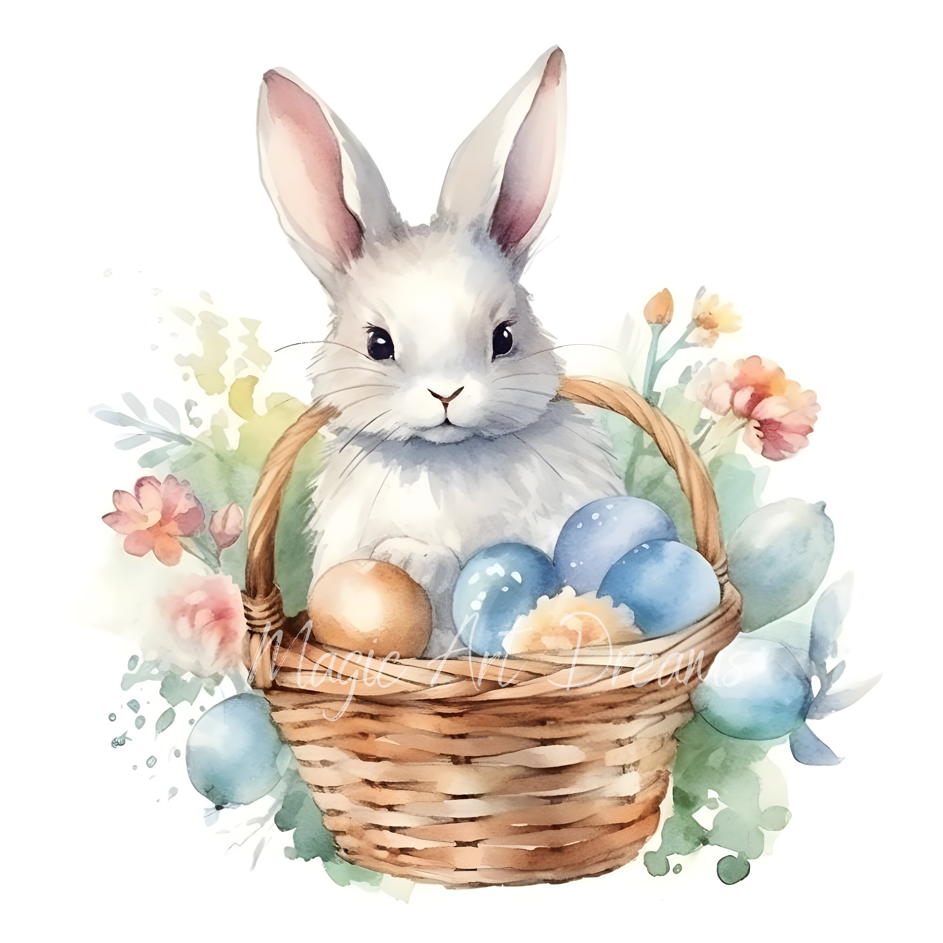 Watercolor Easter White Fluffy Rabbit in a Basket With Spring Flowers ...