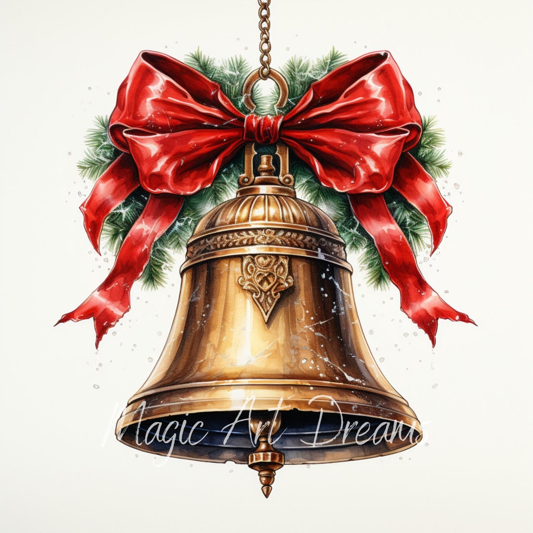 Watercolor Christmas Golden Bell With Red Ribbon Clipart, 16 Jpgs ...