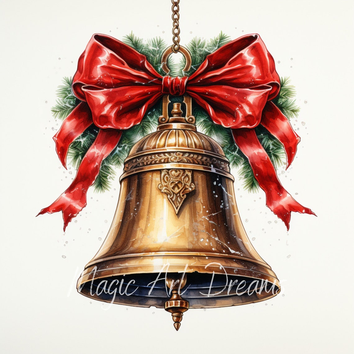 Watercolor Christmas Golden Bell With Red Ribbon Clipart, 16 Jpgs ...