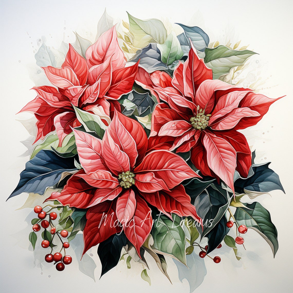 Watercolor Christmas Poinsettia Clipart, 13 Jpgs Download, Winter Red ...