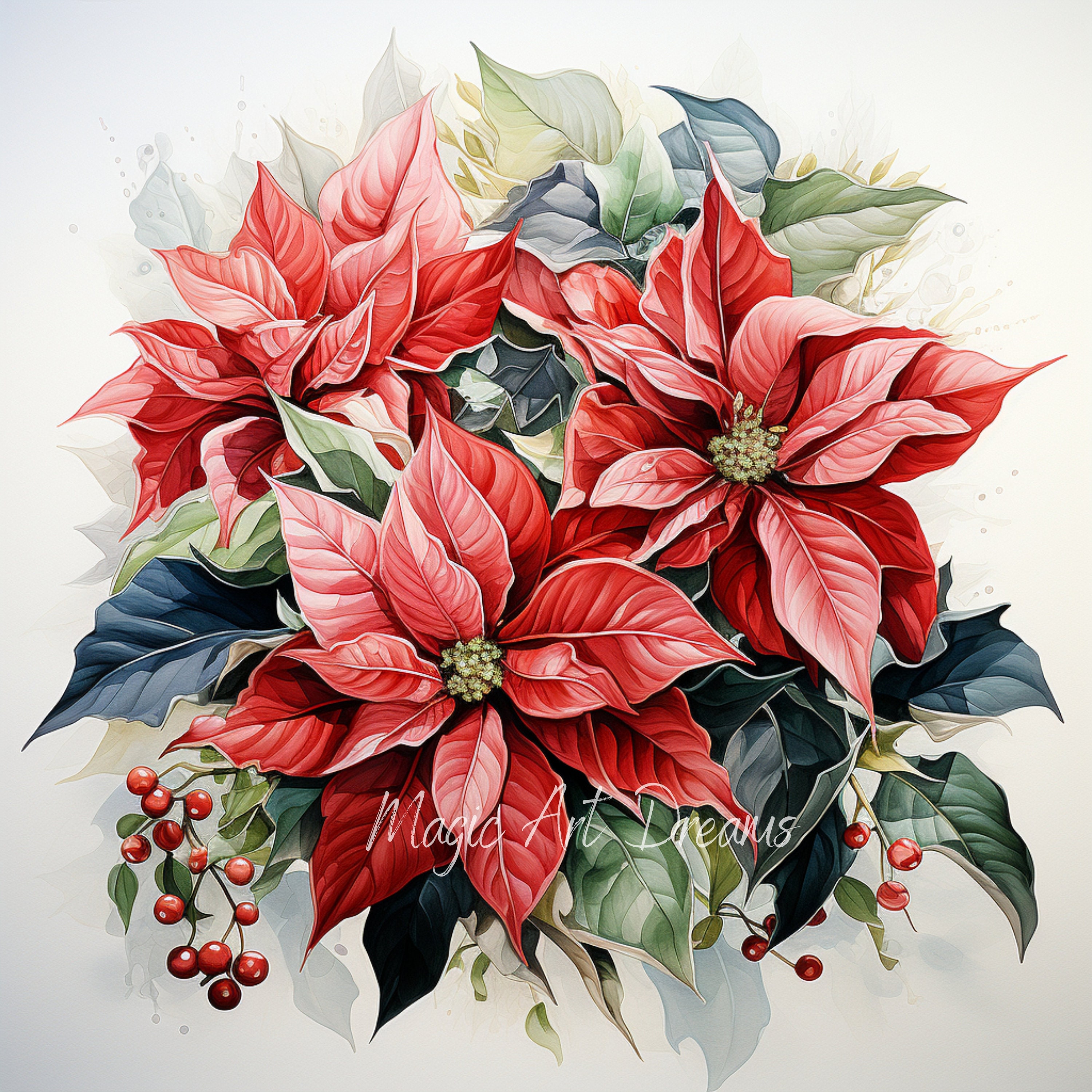 Watercolor Christmas Poinsettia Clipart, 13 Jpgs Download, Winter Red ...