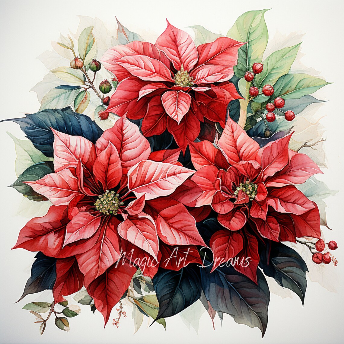 Watercolor Christmas Poinsettia Clipart, 13 Jpgs Download, Winter Red ...