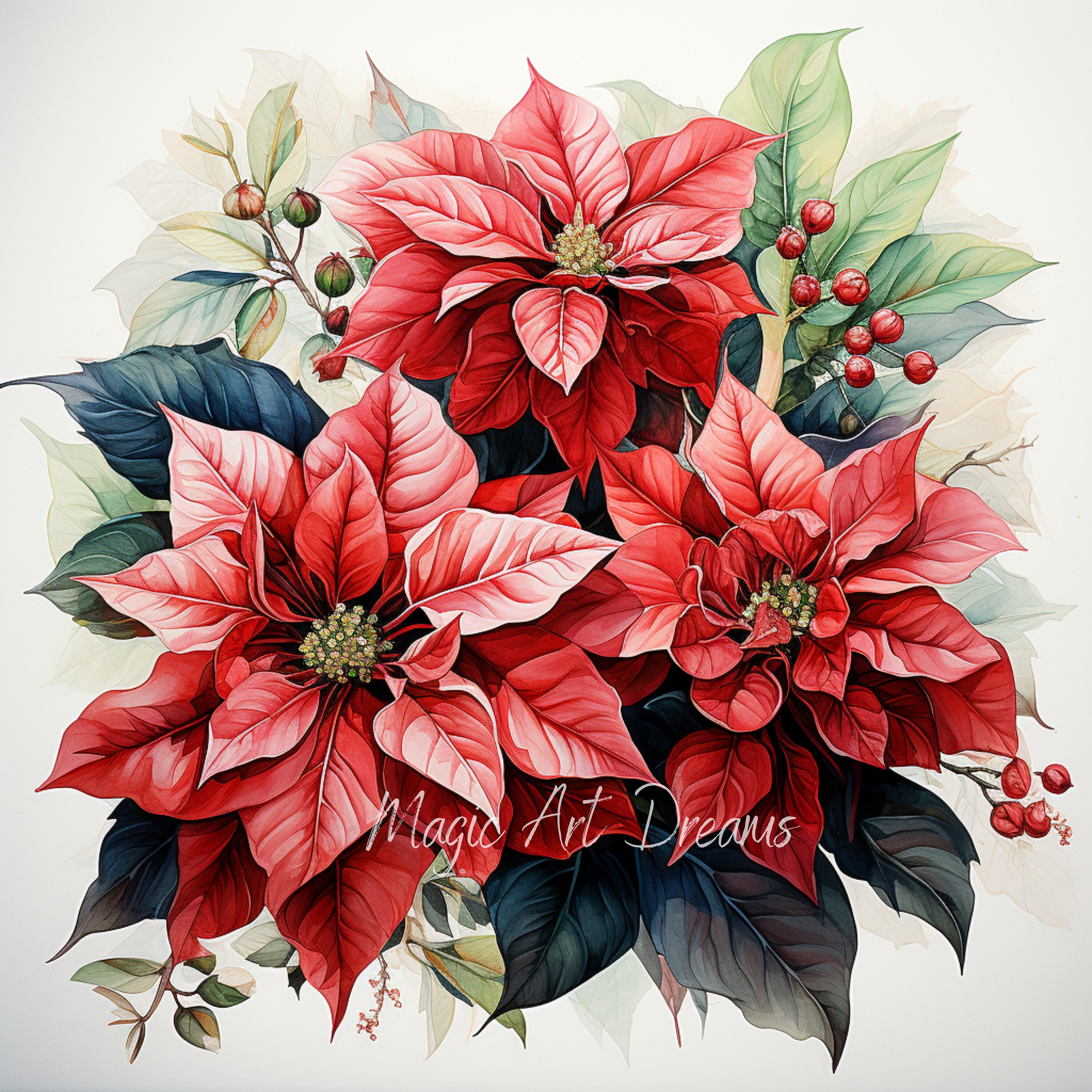 Watercolor Christmas Poinsettia Clipart, 13 Jpgs Download, Winter Red ...