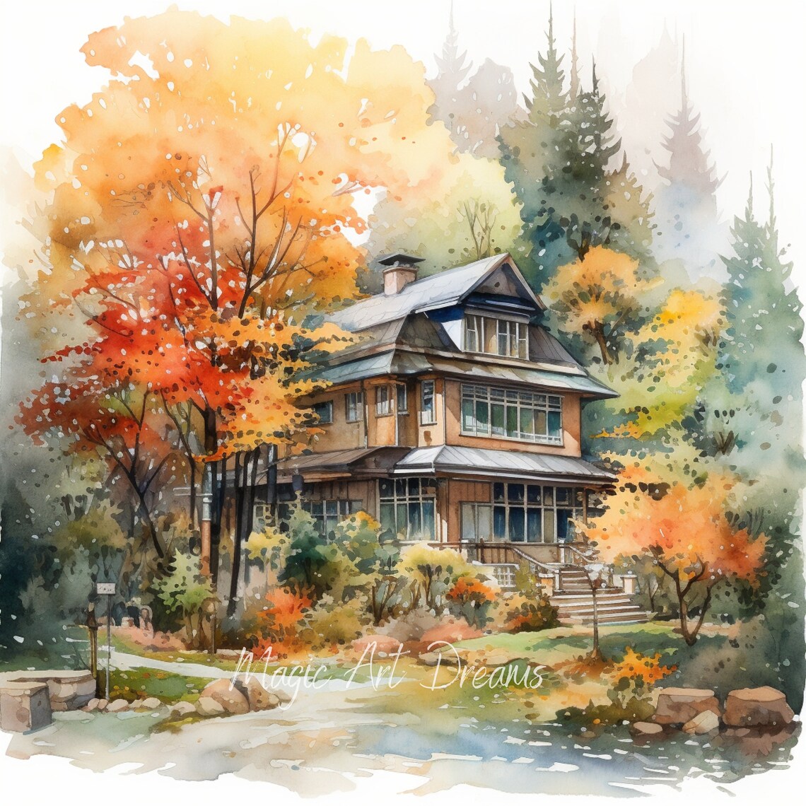 Autumn Watercolor Clipart, 14 JPG, Illustration of an Autumn Landscape ...