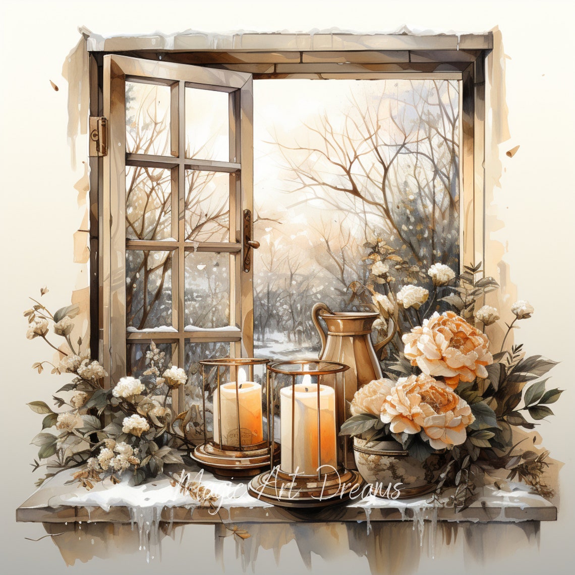 Watercolor Illustration of Christmas Window With Candles & - Etsy