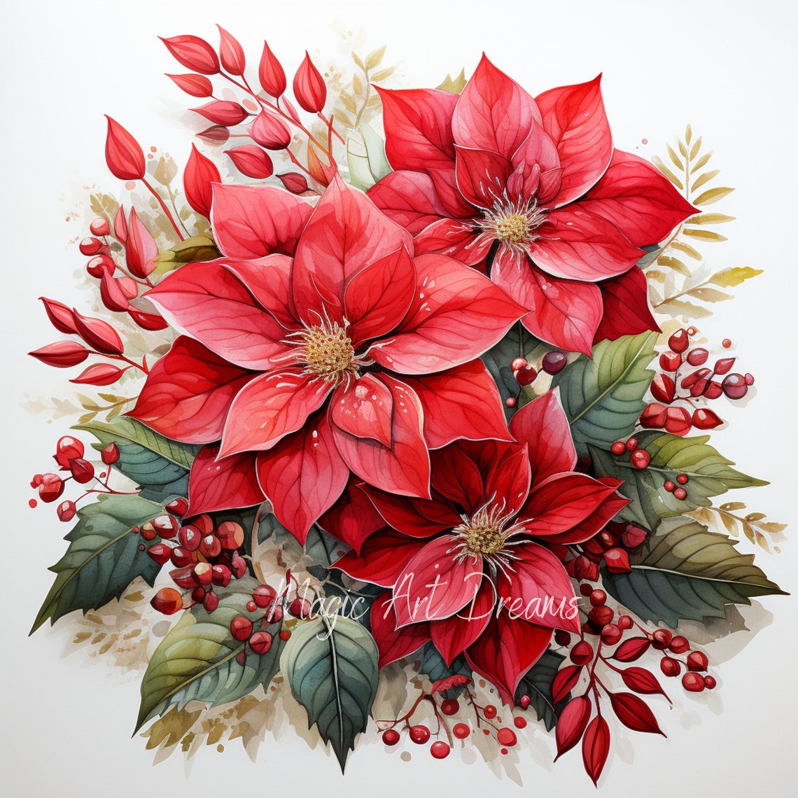 Watercolor Christmas Poinsettia Clipart, 13 Jpgs Download, Winter Red ...