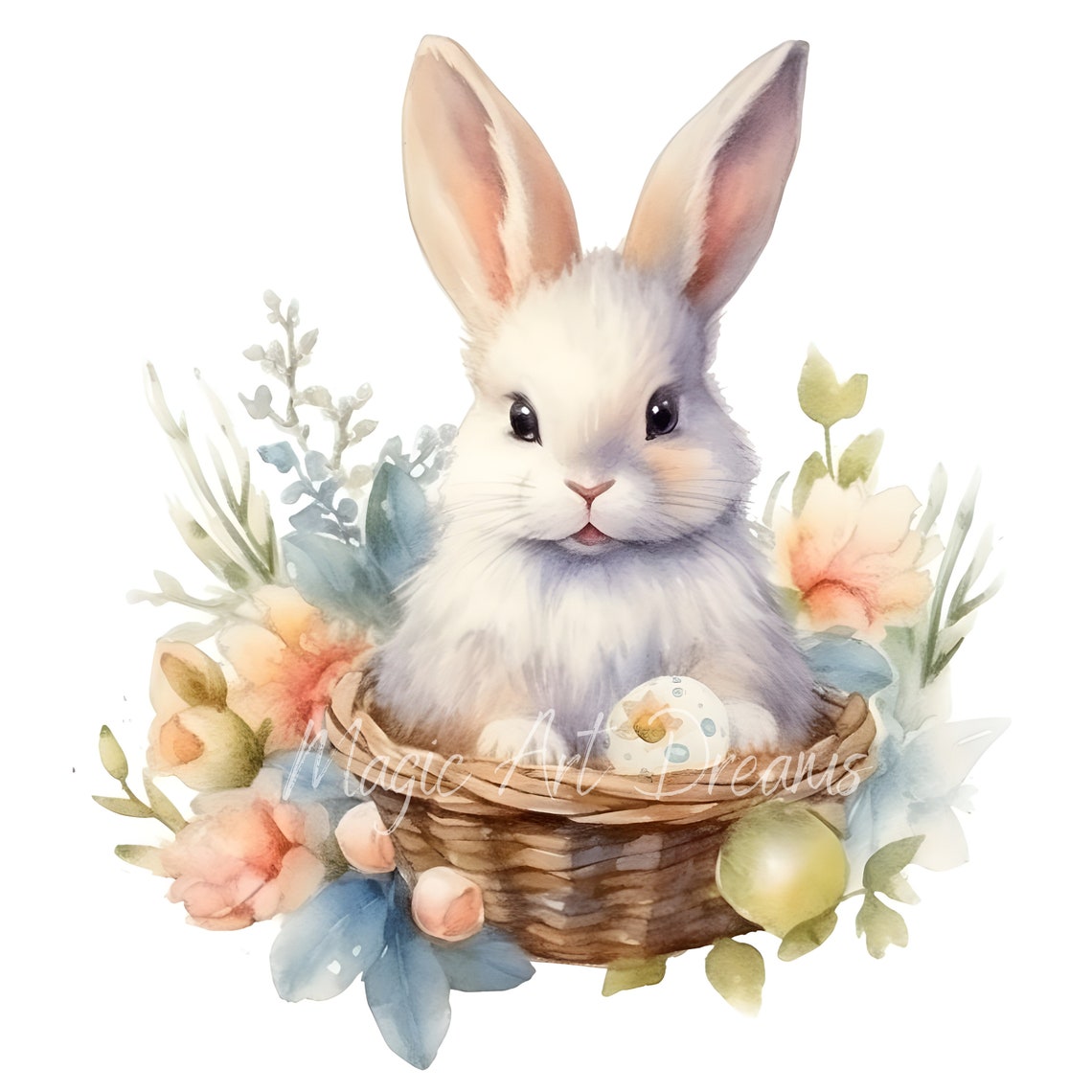 Watercolor Easter White Fluffy Rabbit in a Basket With Spring Flowers ...