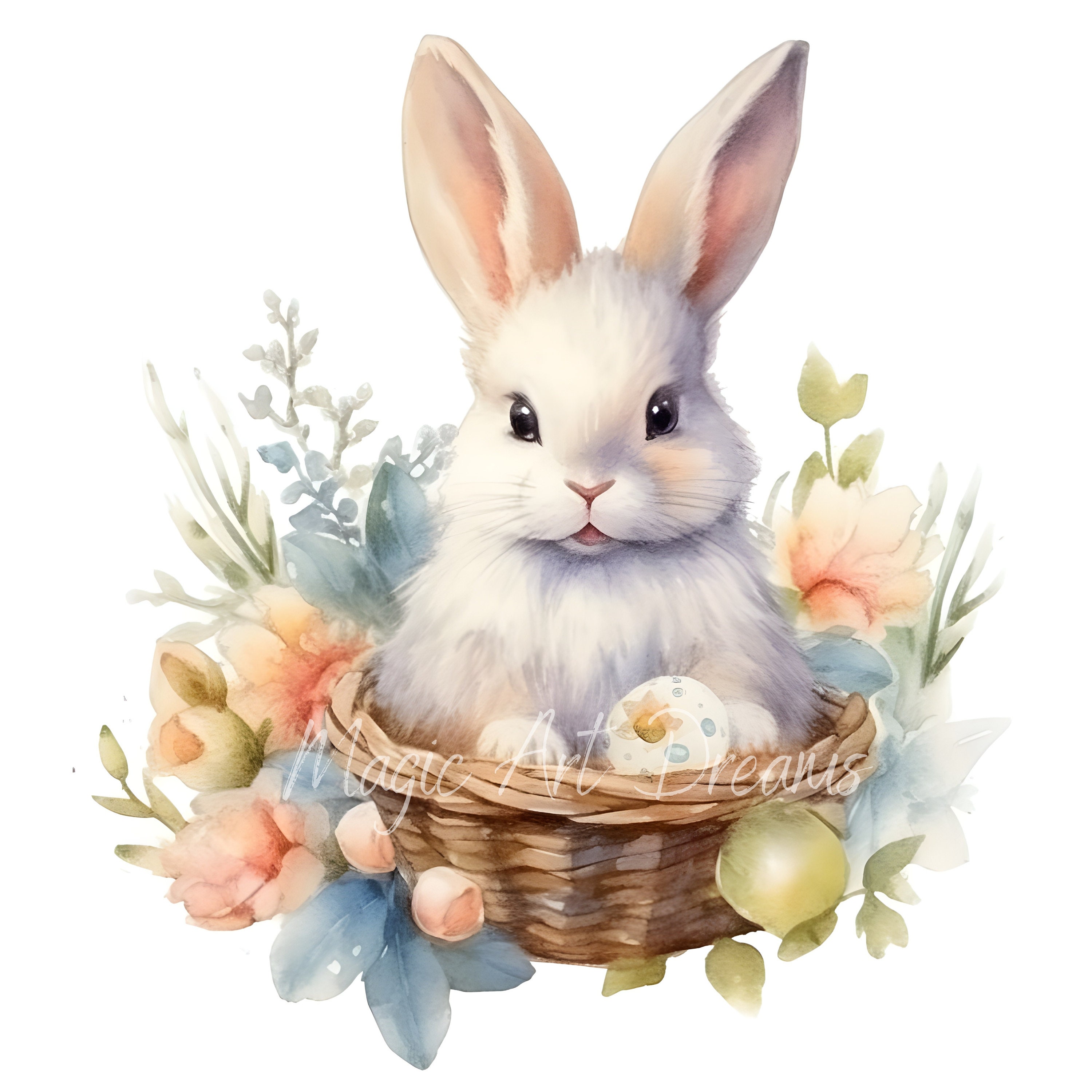 Watercolor Easter White Fluffy Rabbit in a Basket With Spring Flowers ...