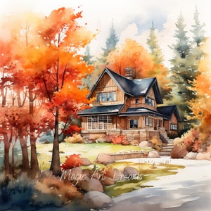 Autumn Watercolor Clipart, 14 JPG, Illustration of an Autumn Landscape ...