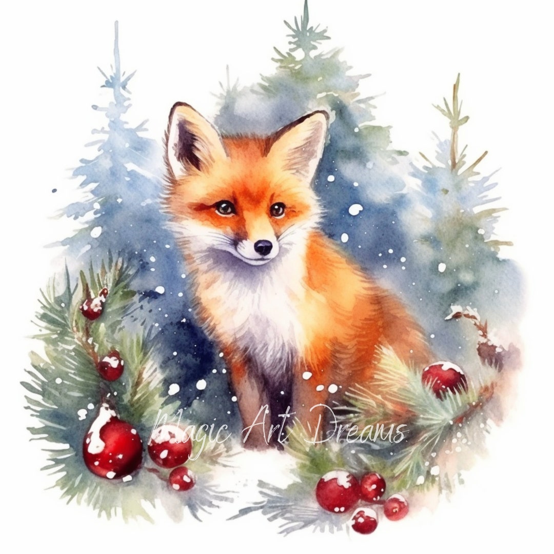 Watercolor Red Fox in the Winter Forest,14 Jpgs Watercolor Clipart ...