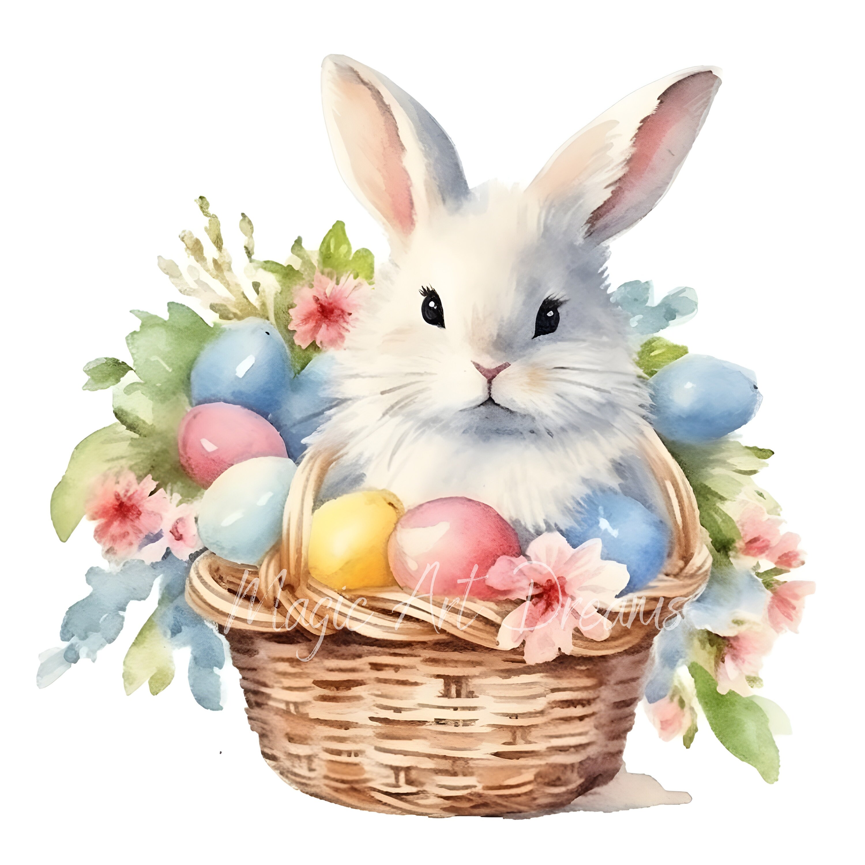 Watercolor Easter White Fluffy Rabbit in a Basket With Spring Flowers ...