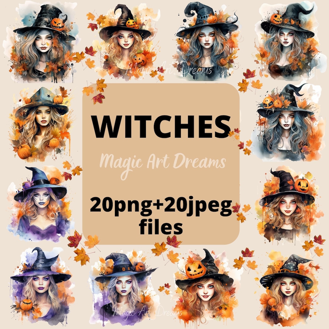 Watercolor Witches 20pc PNG & JPEG Witches Art Clipart Set Transparent ...
