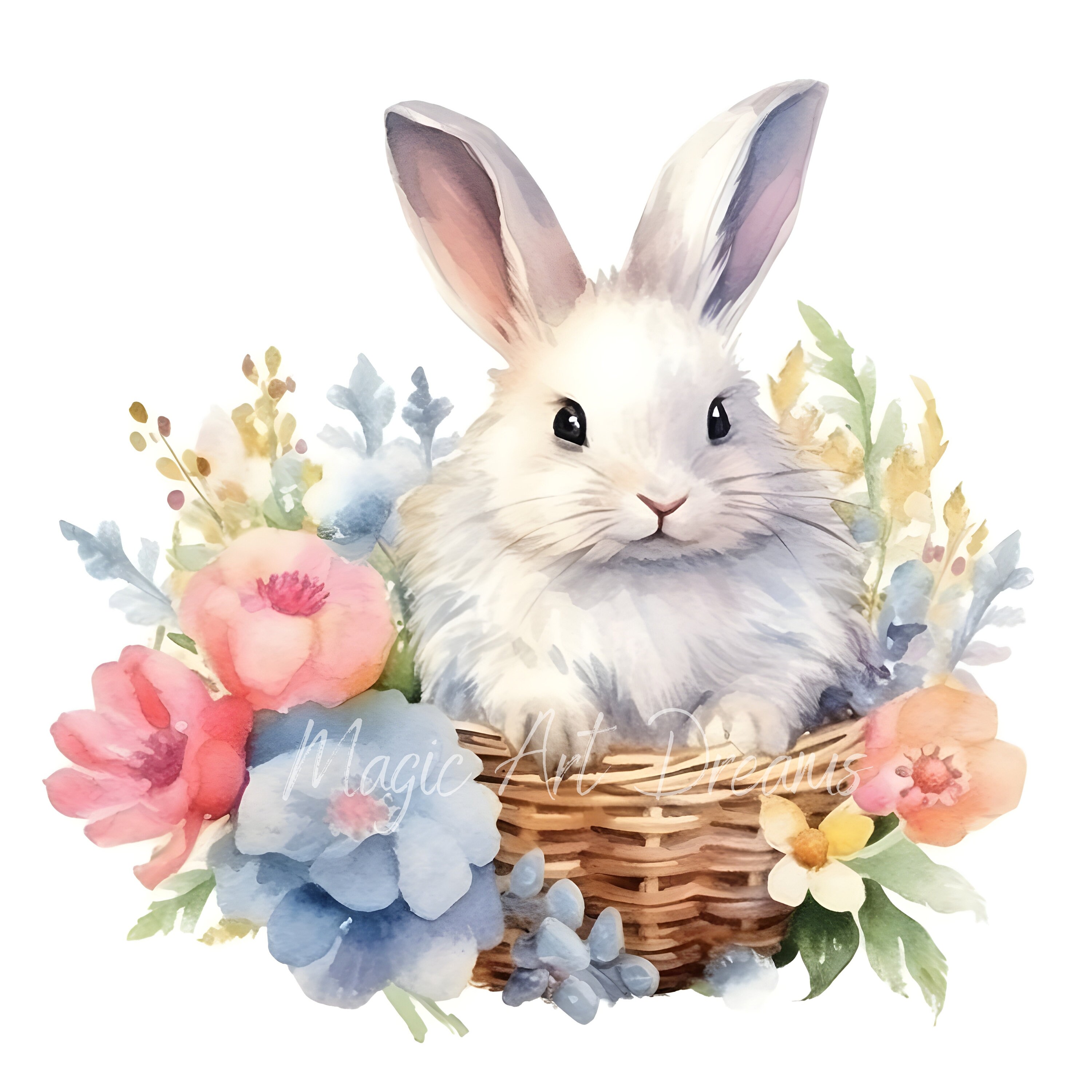 Watercolor Easter White Fluffy Rabbit in a Basket With Spring Flowers ...