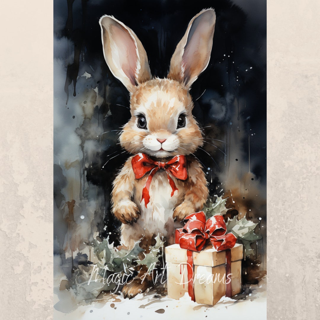 Christmas Bunny With Gift Clipart, Winter Holiday Illustration , 10 ...