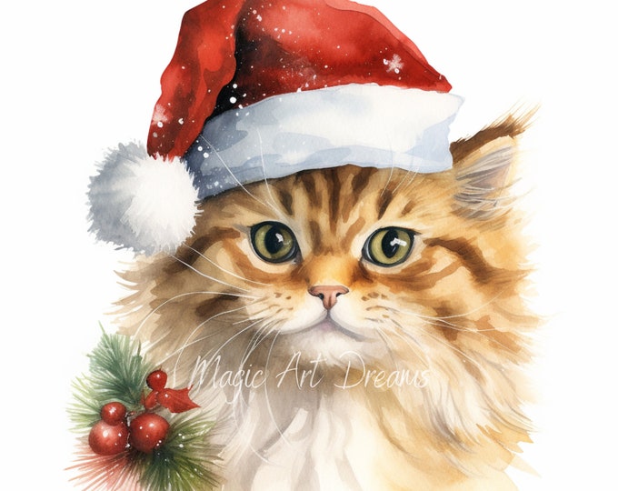 Watercolor Christmas Cats Clipart 16 High Quality Jpgs, Watercolor Wall ...