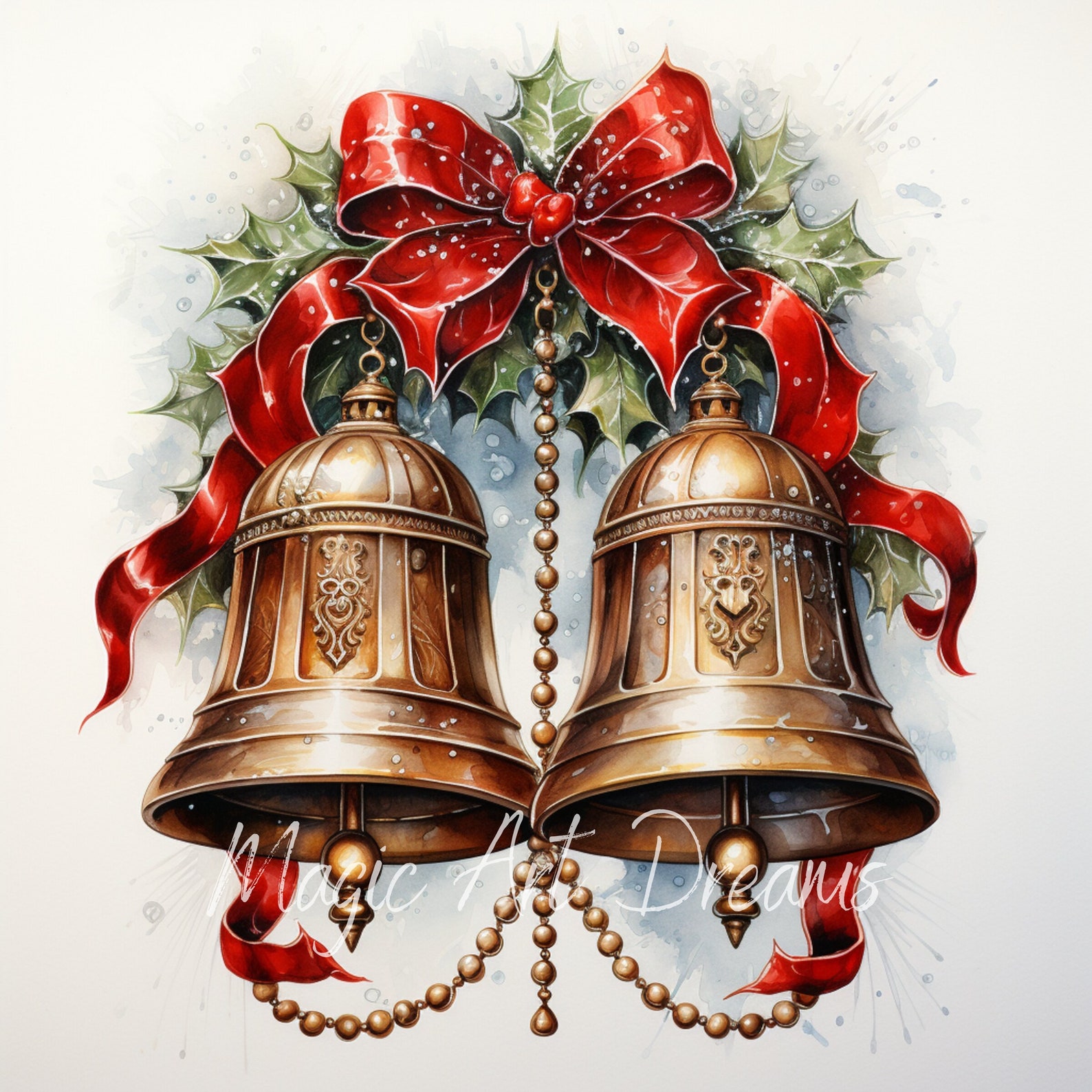 Watercolor Christmas Golden Bell With Red Ribbon Clipart, 16 Jpgs ...