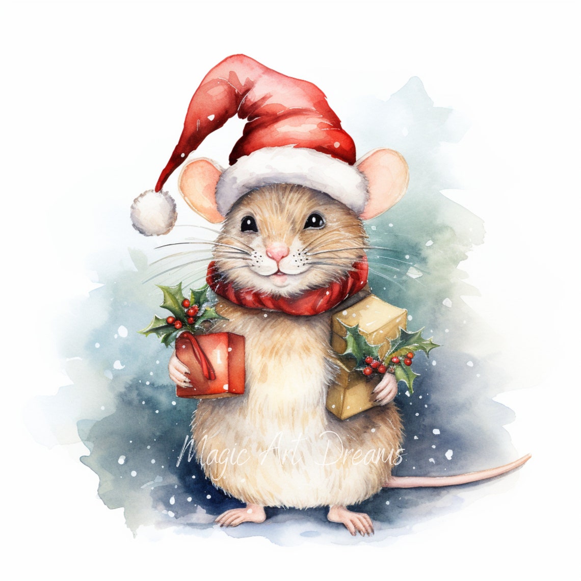 Festive Christmas Cute Mouse, Watercolor Clipart, Book Scrapping, 14 ...