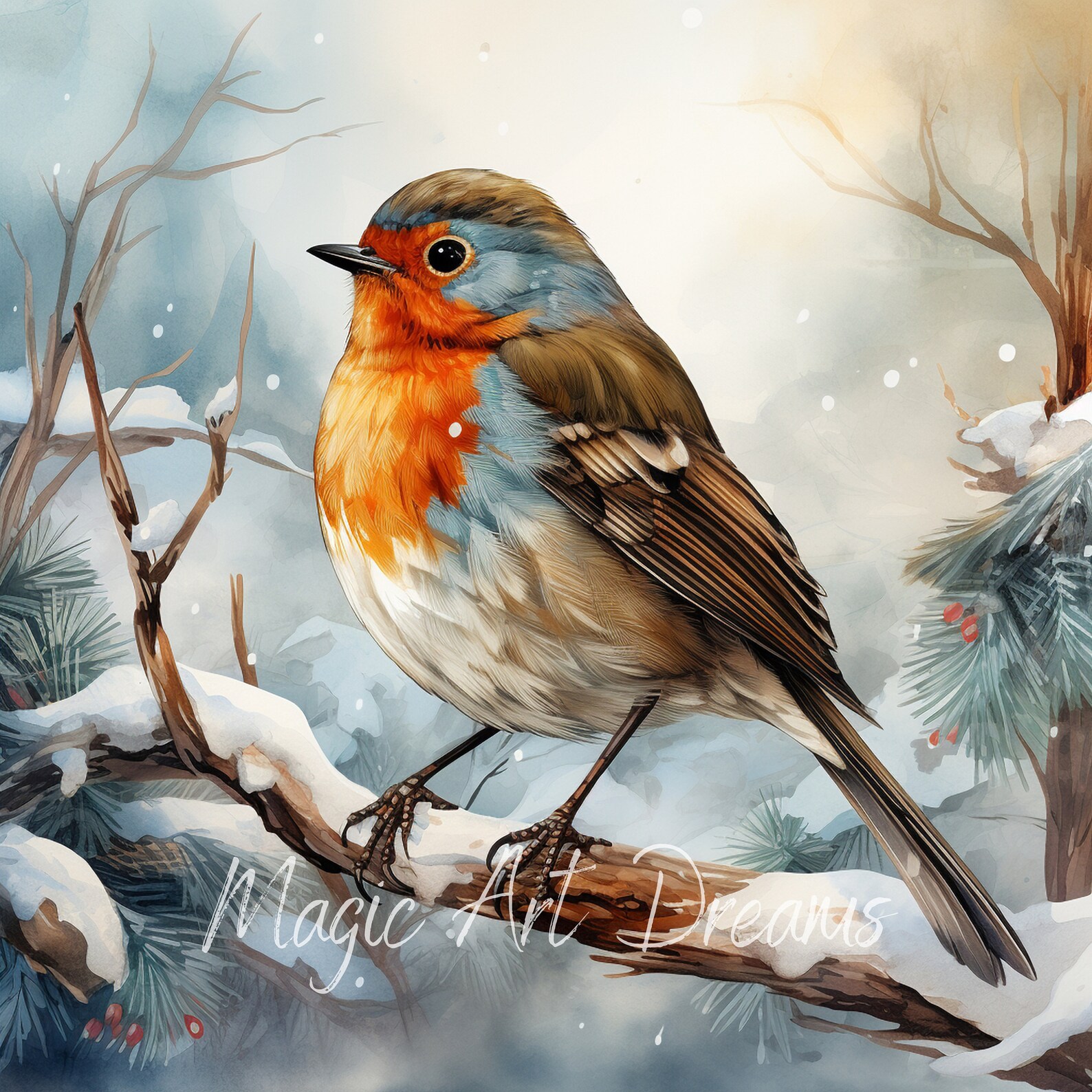 Watercolor Christmas Robin Clipart, 16 High Quality Jpgs, Digital Paper ...