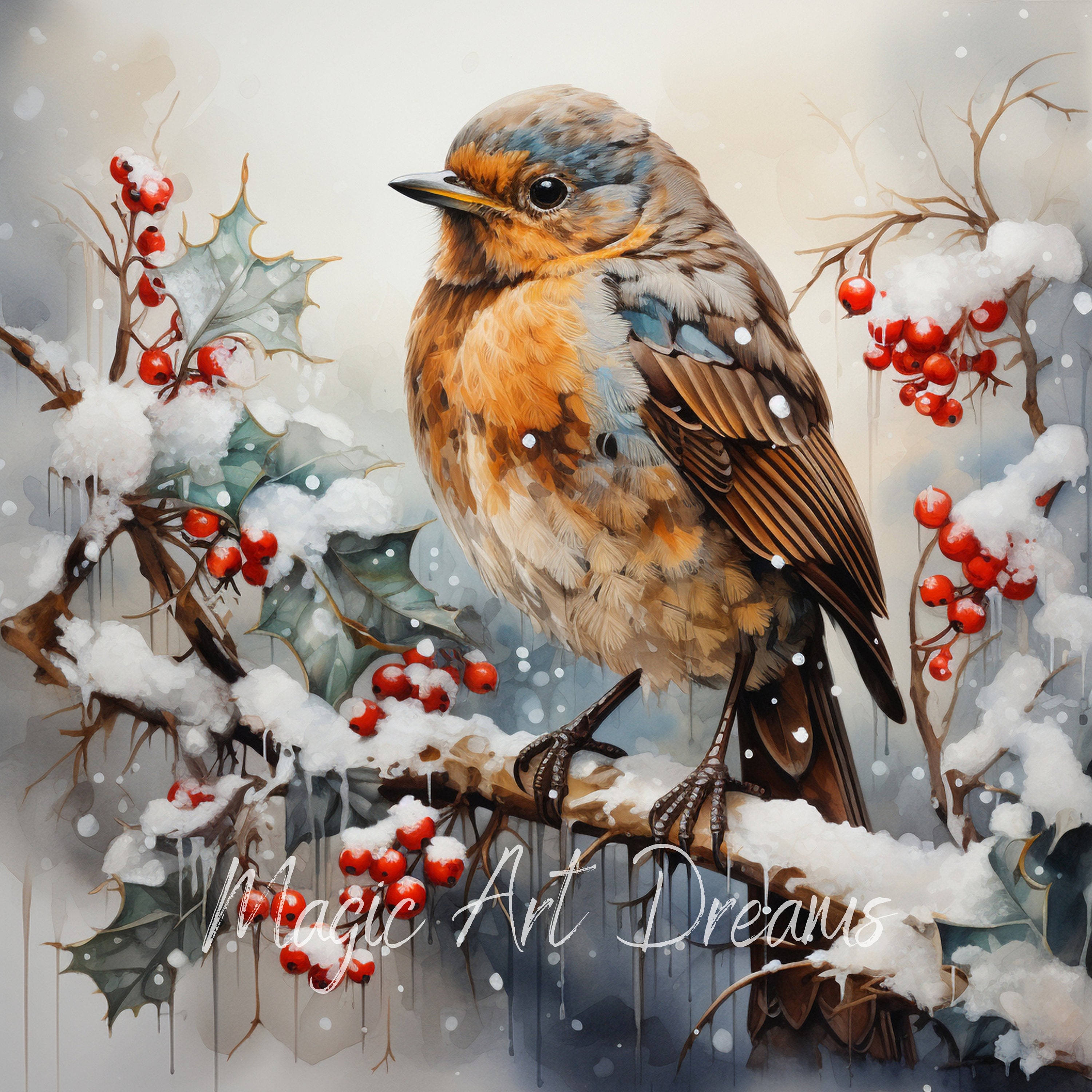 Watercolor Christmas Robin Clipart, 16 High Quality Jpgs, Digital Paper ...
